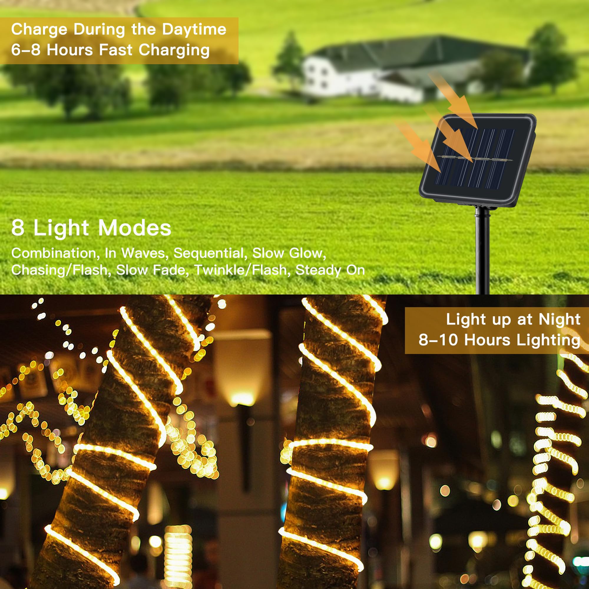Eueasy 130 LED 42.7ft Solar Rope Lights for Outside with Waterproof PVC Tube,Solar String Lights,Outdoor Decor for Garden, Patio, Fence, Deck, Sidewalk, and Pathway in Warm White