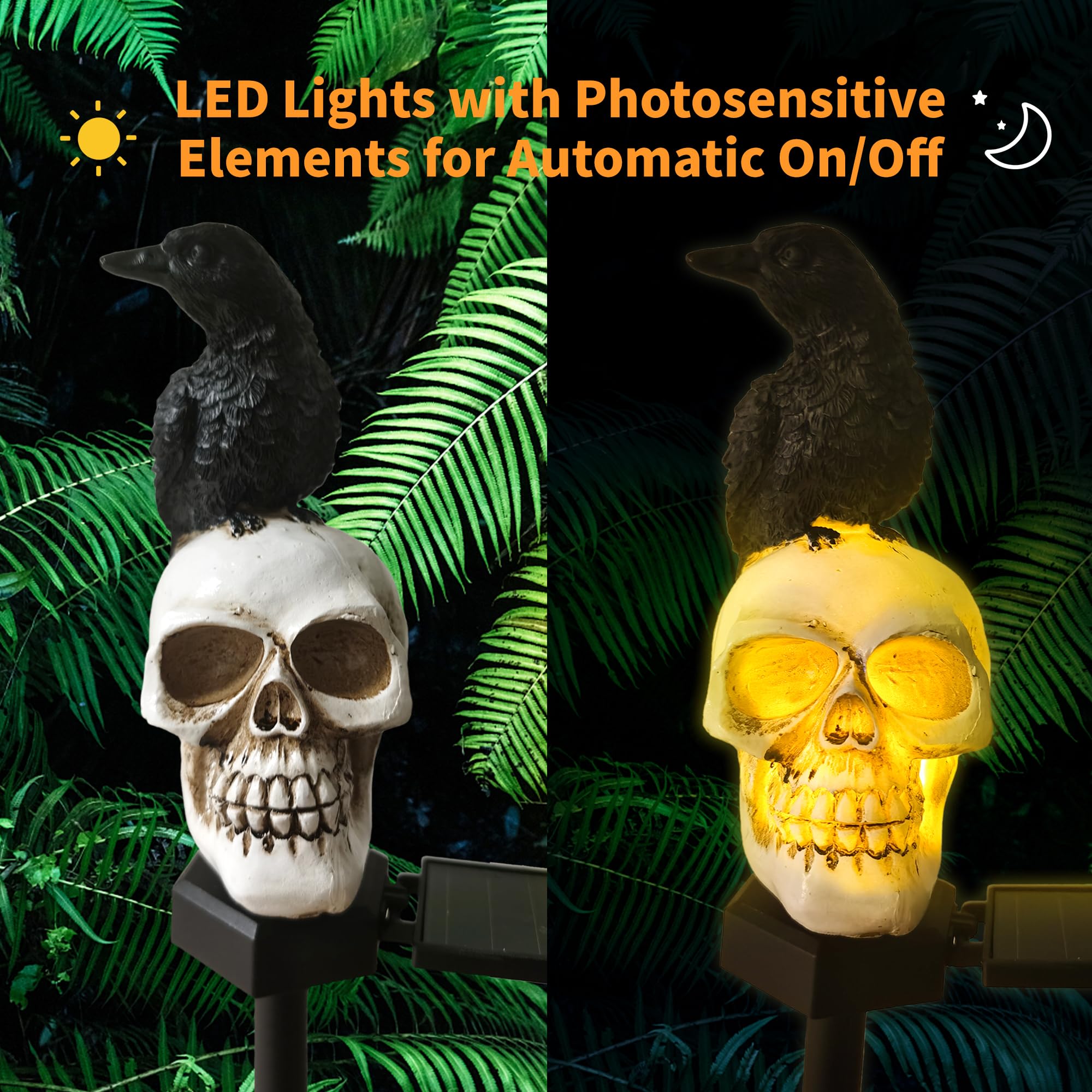 QH Garden Halloween Outdoor Decoration - Solar Lights, Waterproof Ghost & Skull Lights with Black Crow, Skeleton Stakes with LED, Stunning Decorations