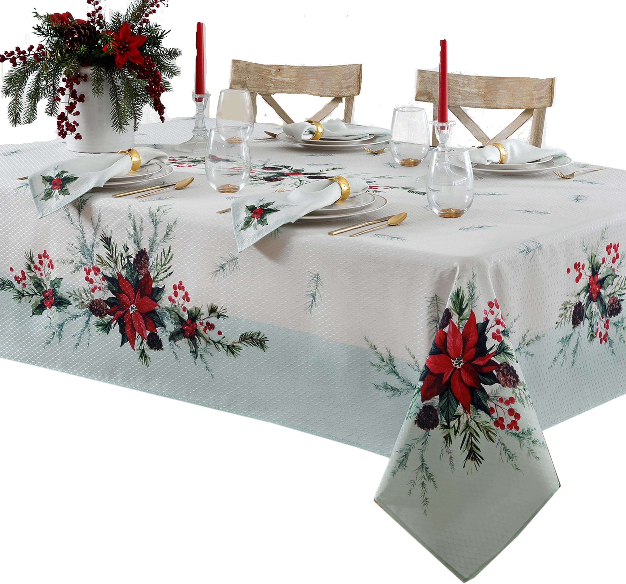 Lintex Holly Bough Stonewashed Border Traditional Christmas Tablecloth, Poinsettia and Holly Sprig Sage, Bordered Xmas Holiday Easy Care Fabric Tablecloth, 60 Inch x 102 Inch Oblong/Rectangle