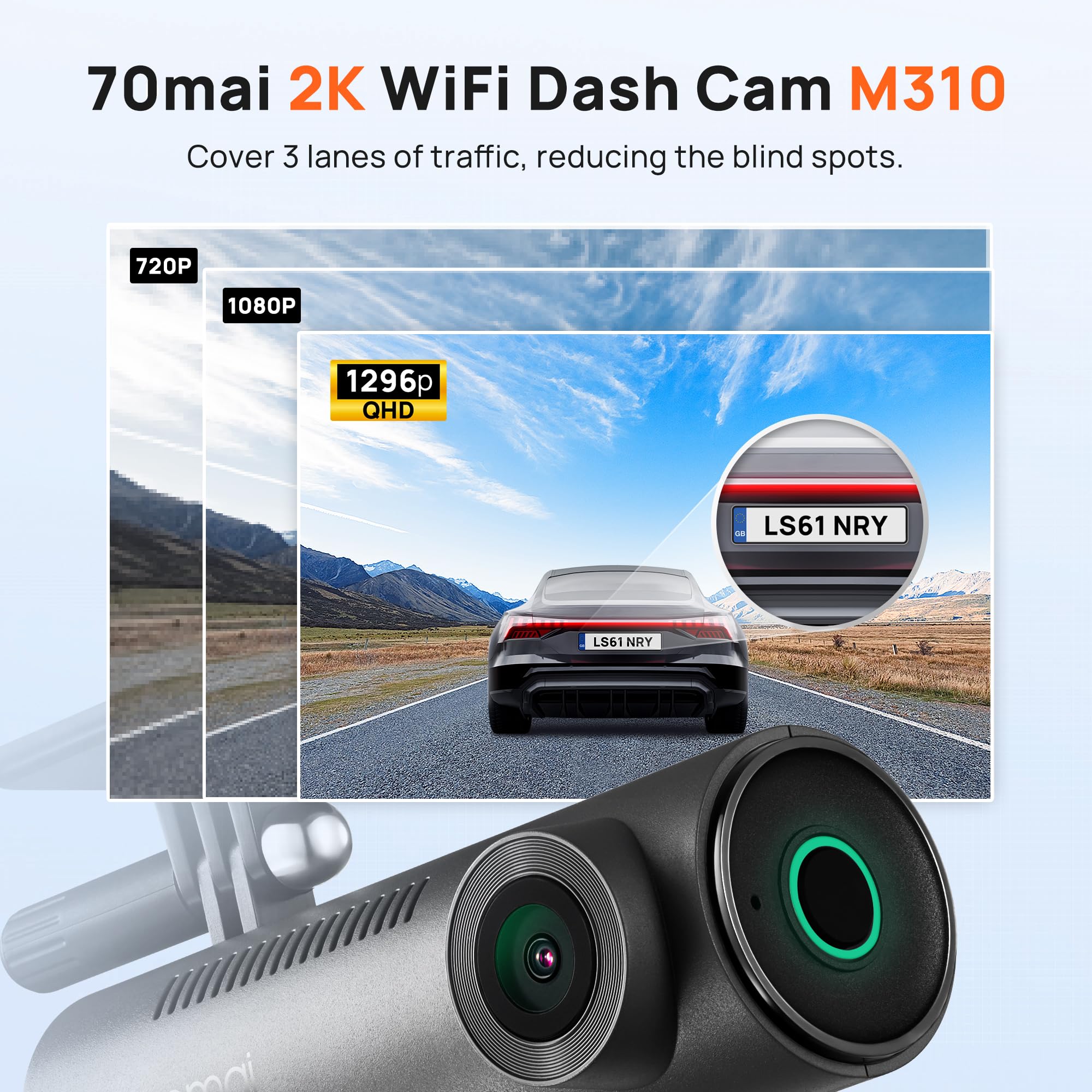 70mai Dash Cam M310, Dash Camera for Cars 1296P QHD, Smart Dash Cam Front Built in WiFi, 130° Wide-Angle FOV, WDR, Night Vision, iOS/Android Mobile App, Loop Recording, Parking Monitor, Time-Lapse