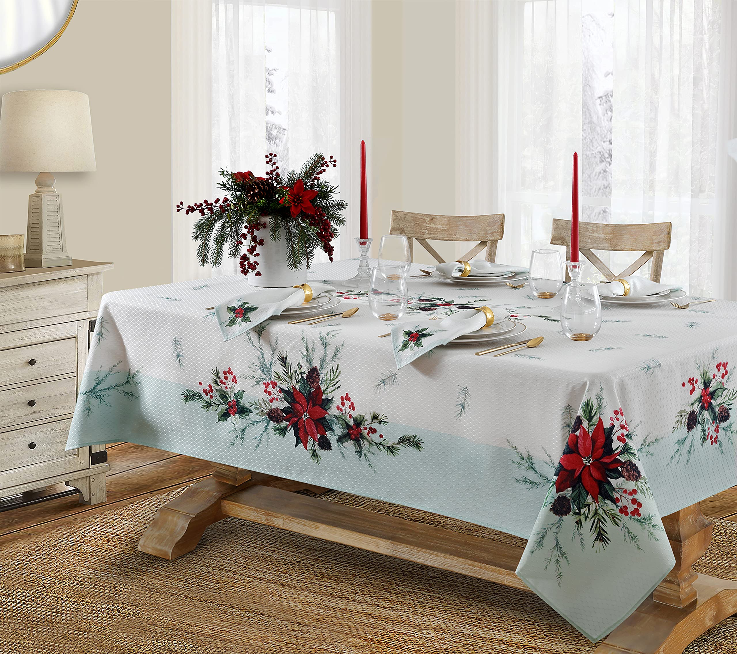 Lintex Holly Bough Stonewashed Border Traditional Christmas Tablecloth, Poinsettia and Holly Sprig Sage, Bordered Xmas Holiday Easy Care Fabric Tablecloth, 60 Inch x 102 Inch Oblong/Rectangle