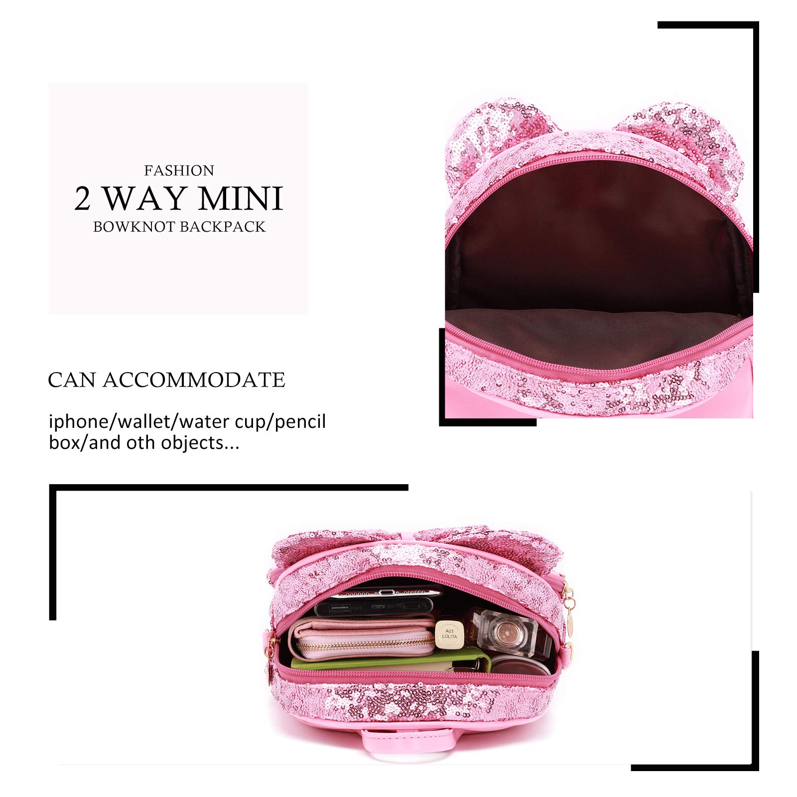 KL928 Girls Bowknot Polka Dot Cute Mini Backpack Small Daypacks Convertible Shoulder Bag Purse for Women (Pink)