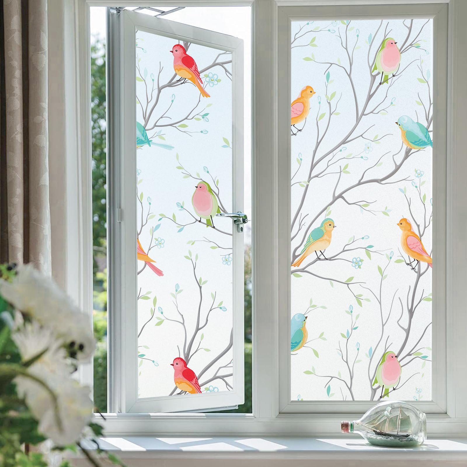 Coavas Window Privacy Film Decorative Bird Stained Glass Window Film Bathroom Frosted Glass Window Cling Privacy Film Heat Blocking Static Cling Day and Night Home Door Window Coverings 17.5" x 78.7"