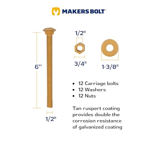 1/2 in. x 6 in. Tan Carriage Bolt Kit Includes 12 Bolts, 12 Washers, and 12 Nuts, Ceramic Tan Coated for Exterior Use - 2X Rust Resistance of Galvanized by Makers Bolt