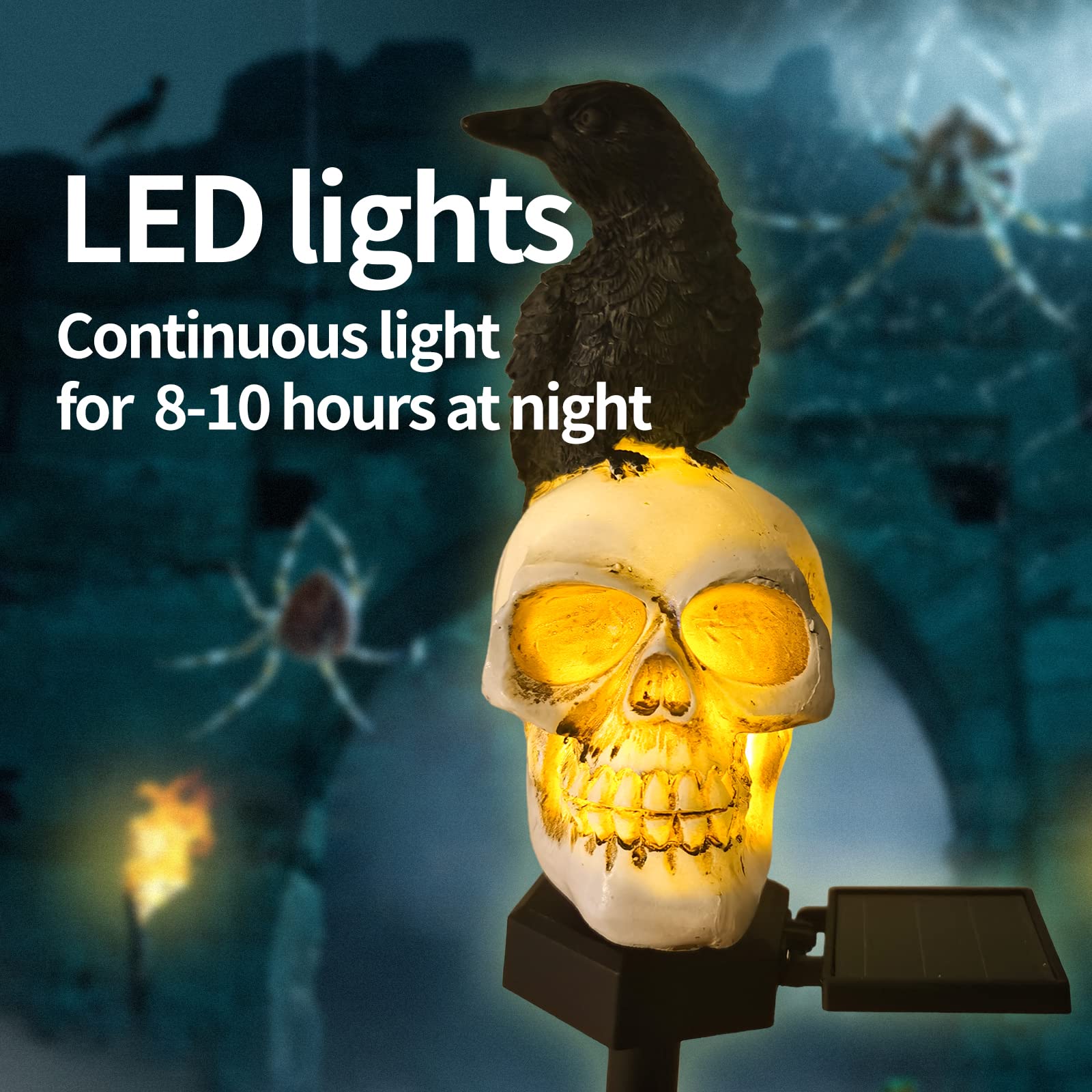 QH Garden Halloween Outdoor Decoration - Solar Lights, Waterproof Ghost & Skull Lights with Black Crow, Skeleton Stakes with LED, Stunning Decorations