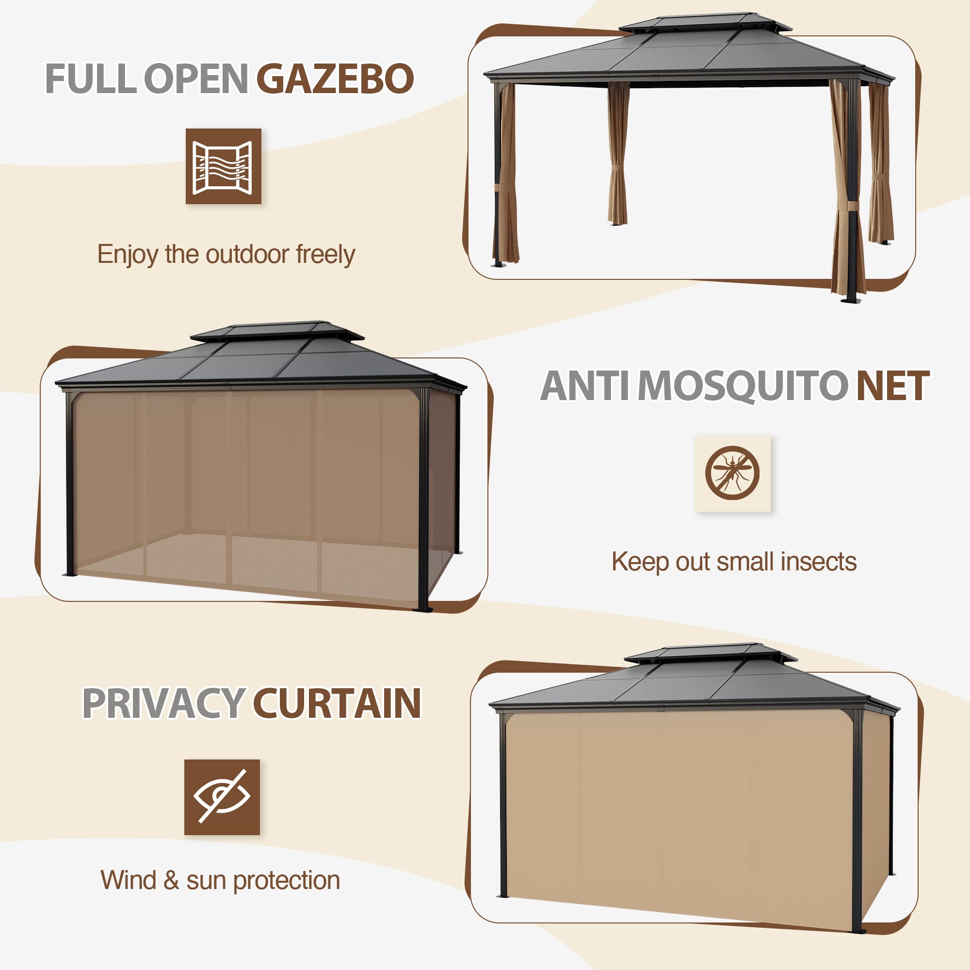Flamaker Hardtop Gazebo 10' x 12' Aluminum Frame Outdoor Gazebo with Privacy Curtains and Gauze Mesh Sunshade Pavilion Double Roof Canopy for Patio, Lawn, Deck, Poolside