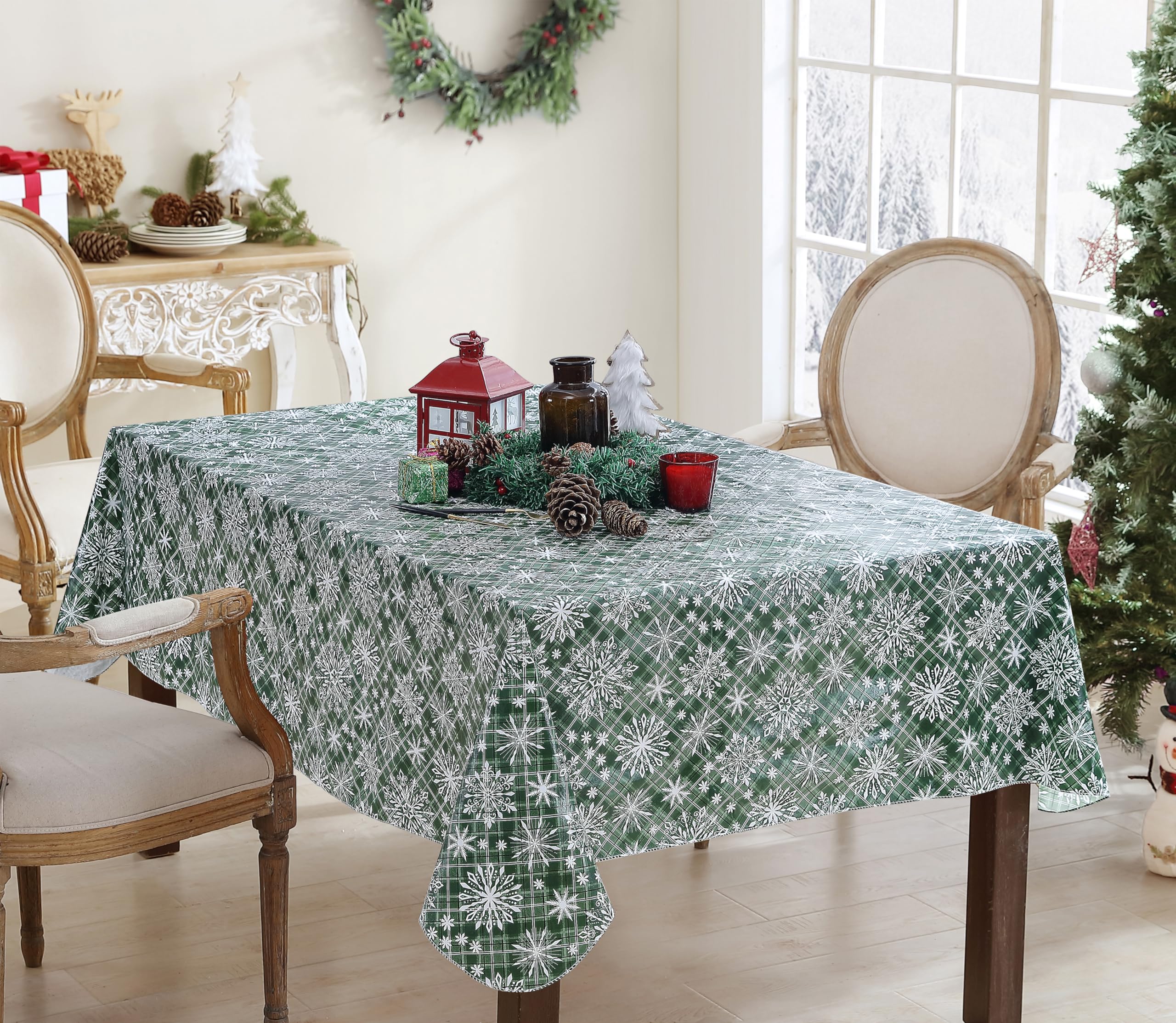 Newbridge Snowfall Snowflake Plaid Christmas Print Vinyl Flannel Backed Tablecloth Contemporary Snowflake Design Easy Care Wipe Clean Xmas Tablecloth, 60 Inch x 102 Inch Oblong/Rectangle, Green