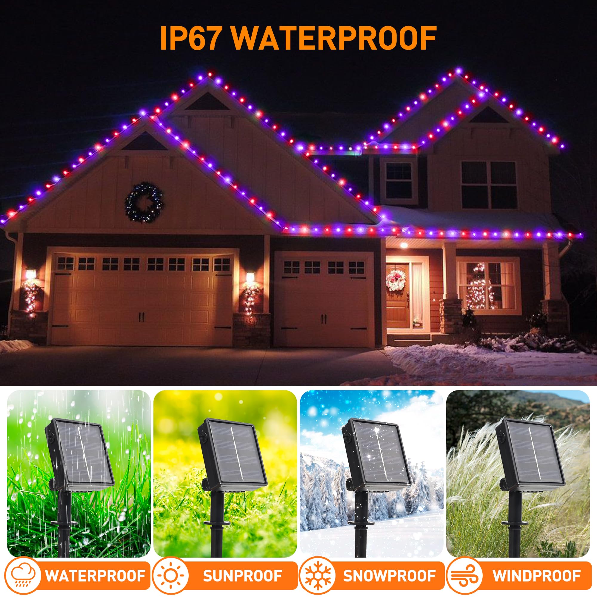 RECESKY C7 Halloween Solar Lights - 50 LED 24Ft Smooth Bulb Orange Purple Halloween String Light with Timer - 8 Modes Fairy Halloween Lighting for Outdoor Garden Yard Home Party Halloween Decorations