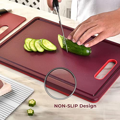 Linoroso Cutting Boards for Kitchen with Defrosting Tray Set of 3, Dishwasher Safe Plastic Cutting Board with Deep Juice Grooves, Non-Slip Durable Chopping Boards for Meat, Veggies, Fruits - Red