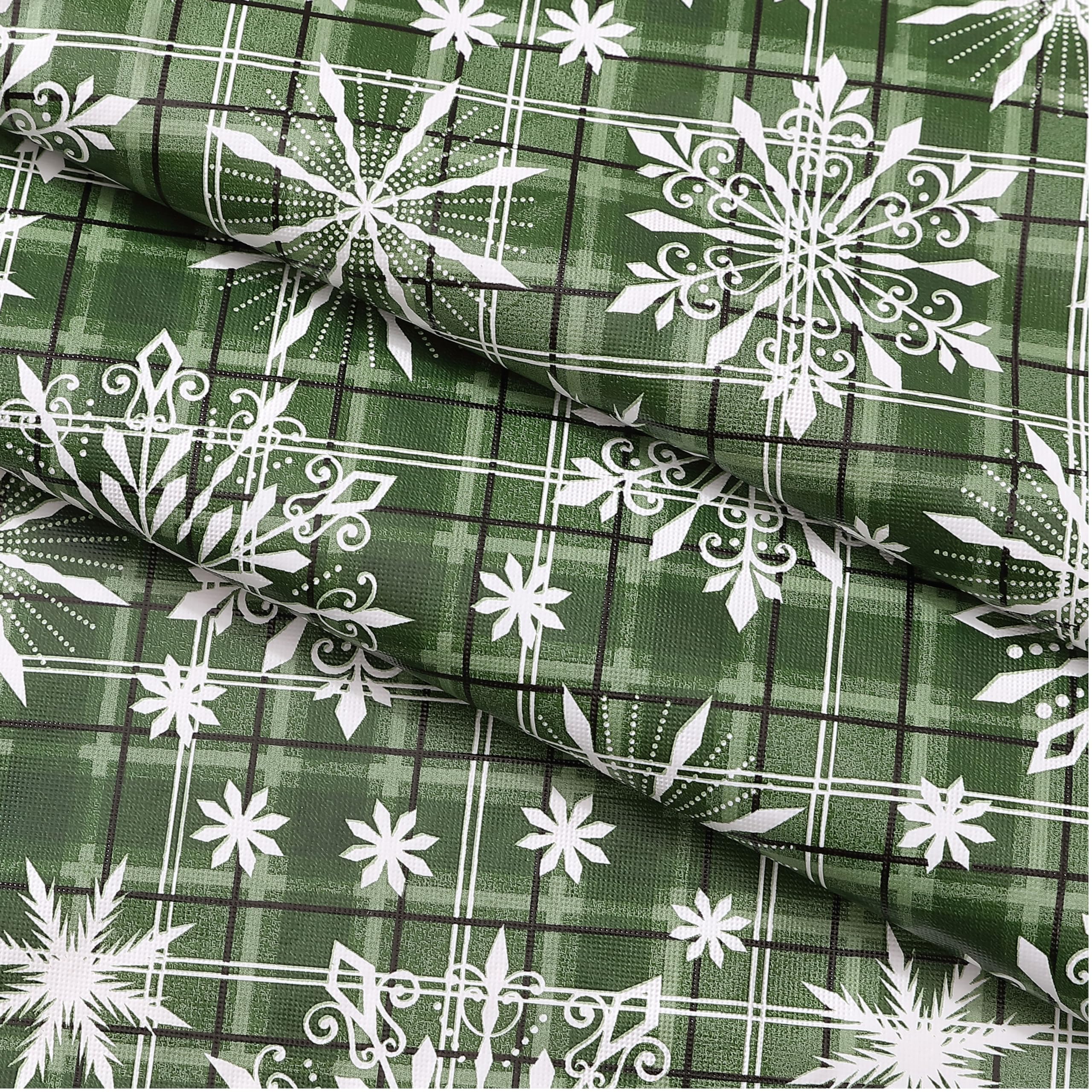 Newbridge Snowfall Snowflake Plaid Christmas Print Vinyl Flannel Backed Tablecloth Contemporary Snowflake Design Easy Care Wipe Clean Xmas Tablecloth, 60 Inch x 102 Inch Oblong/Rectangle, Green