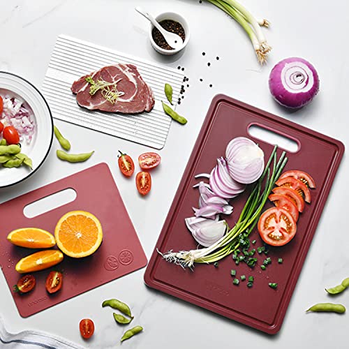 Linoroso Cutting Boards for Kitchen with Defrosting Tray Set of 3, Dishwasher Safe Plastic Cutting Board with Deep Juice Grooves, Non-Slip Durable Chopping Boards for Meat, Veggies, Fruits - Red