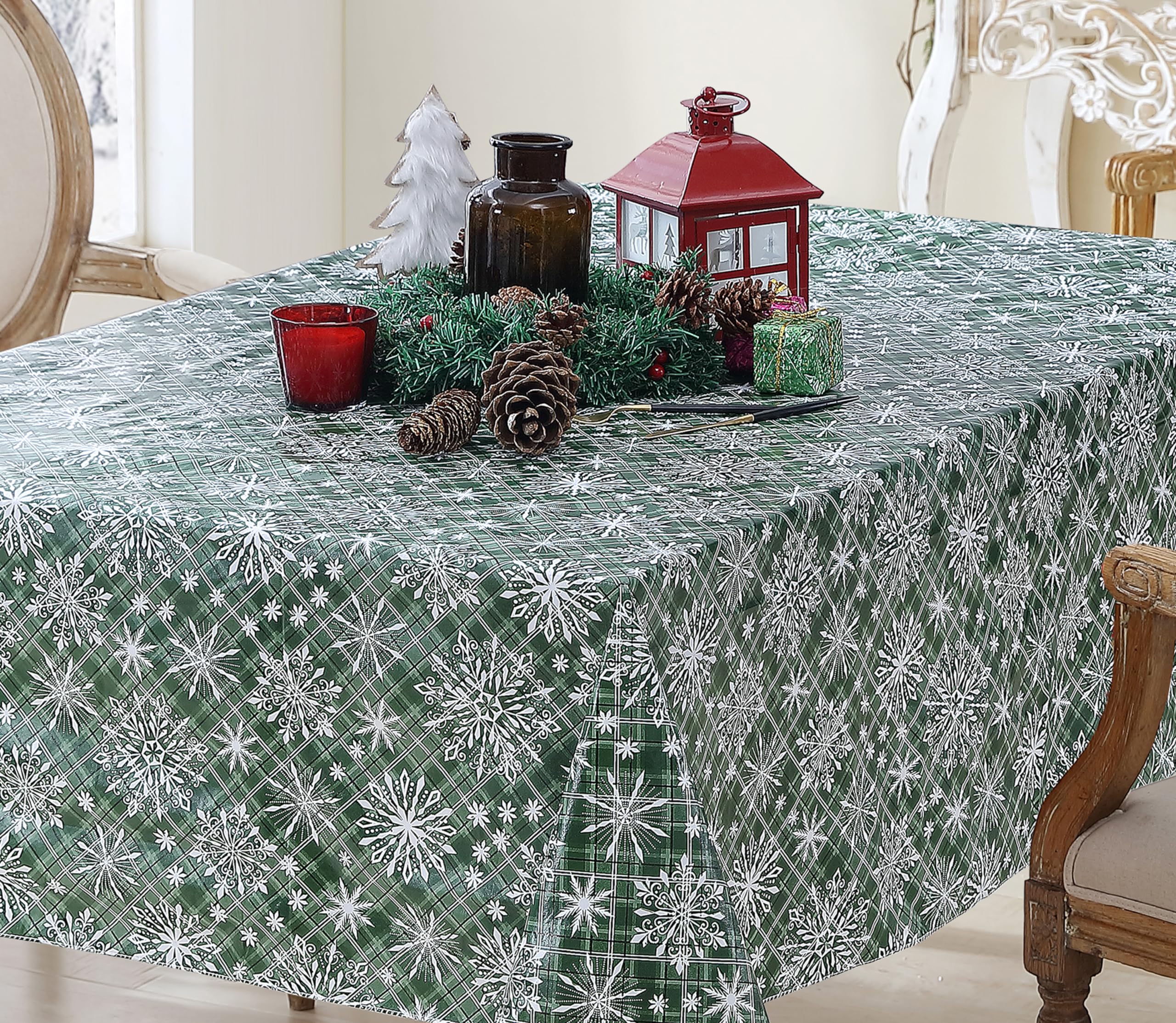 Newbridge Snowfall Snowflake Plaid Christmas Print Vinyl Flannel Backed Tablecloth Contemporary Snowflake Design Easy Care Wipe Clean Xmas Tablecloth, 60 Inch x 102 Inch Oblong/Rectangle, Green