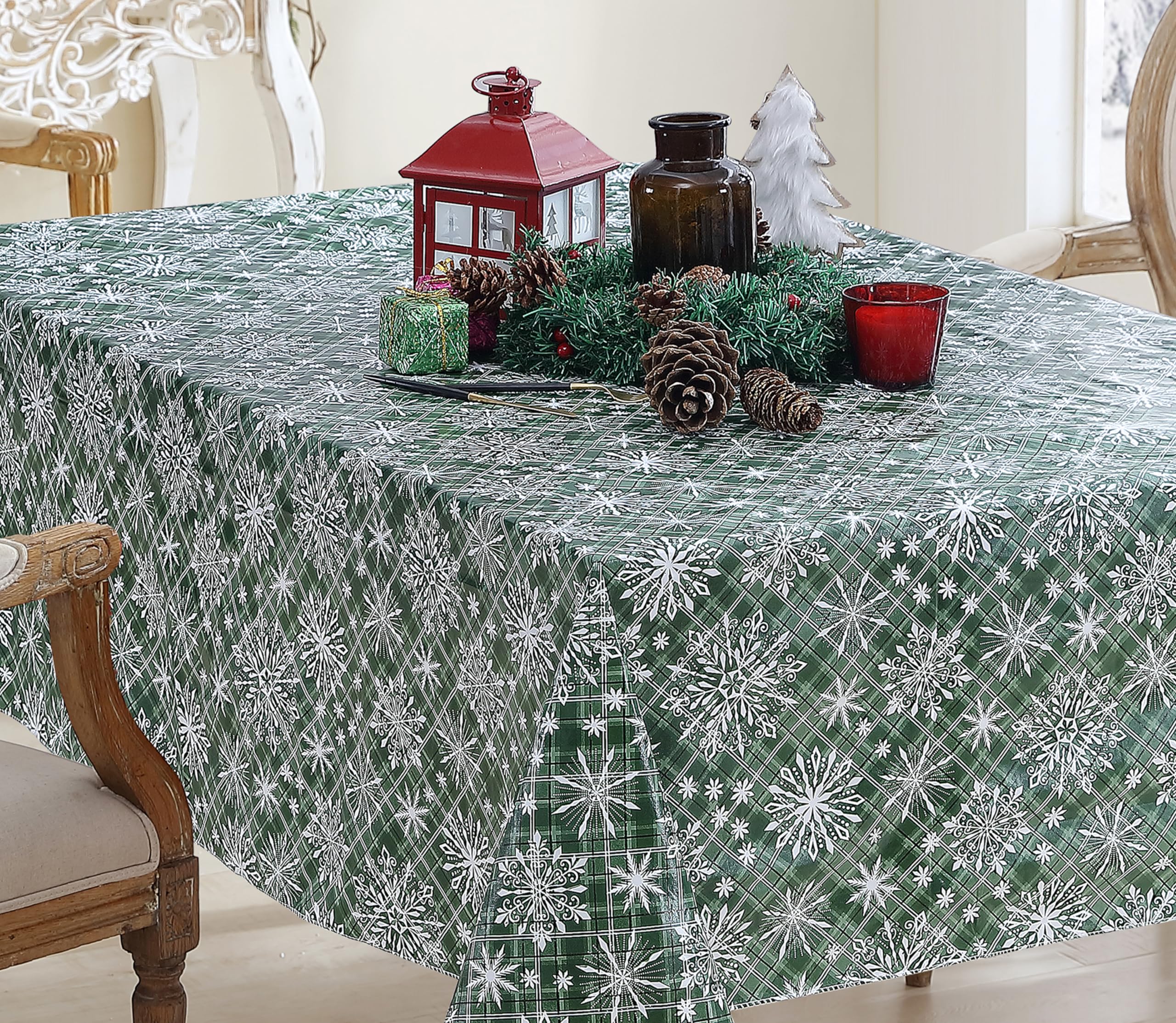 Newbridge Snowfall Snowflake Plaid Christmas Print Vinyl Flannel Backed Tablecloth Contemporary Snowflake Design Easy Care Wipe Clean Xmas Tablecloth, 60 Inch x 102 Inch Oblong/Rectangle, Green