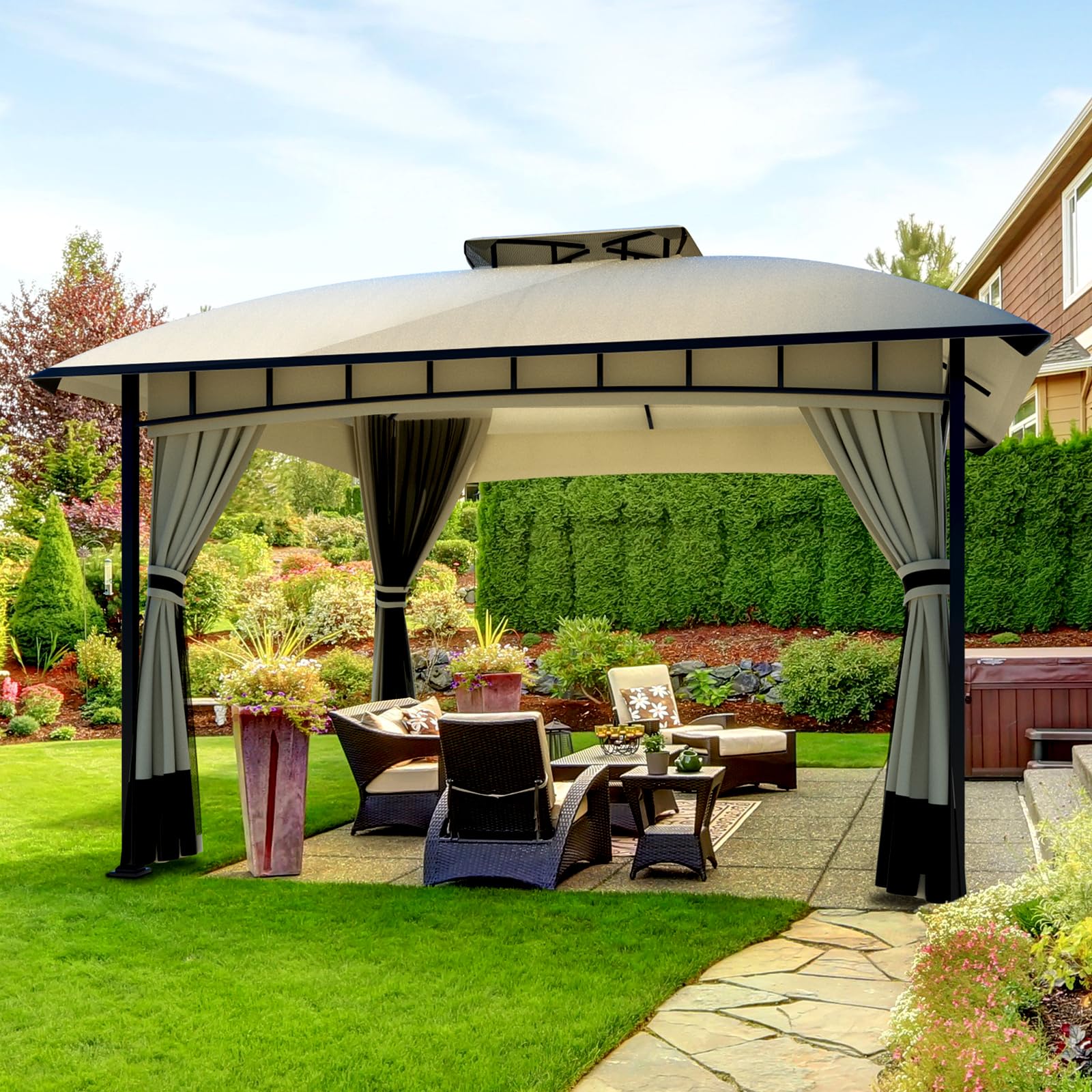 FUNG YARD 10x12 Outdoor Gazebo, Double Roof Patio Gazebo with Mosquito Netting & Curtains, Sturdy Steel Frame, Sun & Waterproof, Perfect for Backyard, Garden, Party, (Khaki)