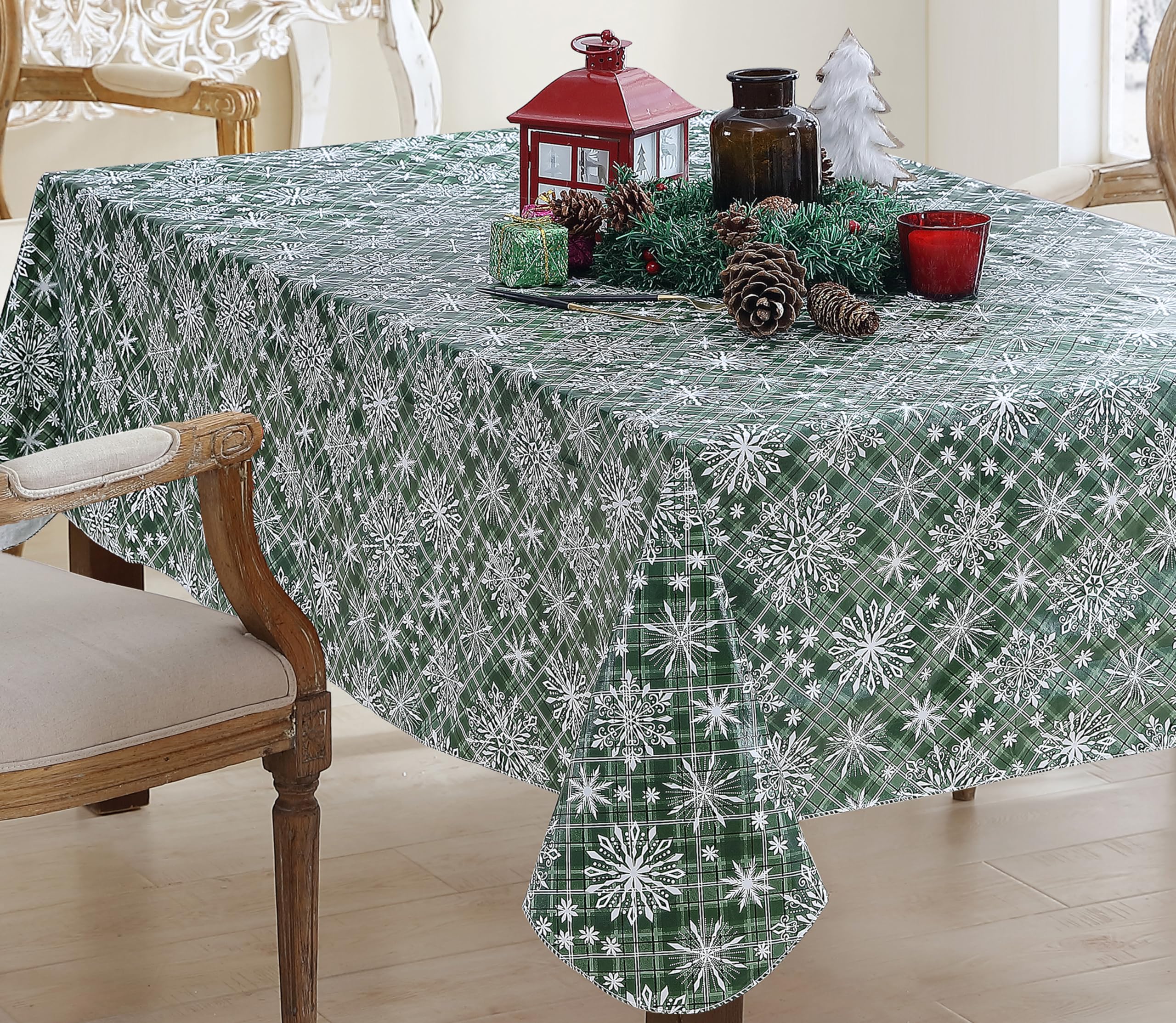 Newbridge Snowfall Snowflake Plaid Christmas Print Vinyl Flannel Backed Tablecloth Contemporary Snowflake Design Easy Care Wipe Clean Xmas Tablecloth, 60 Inch x 102 Inch Oblong/Rectangle, Green