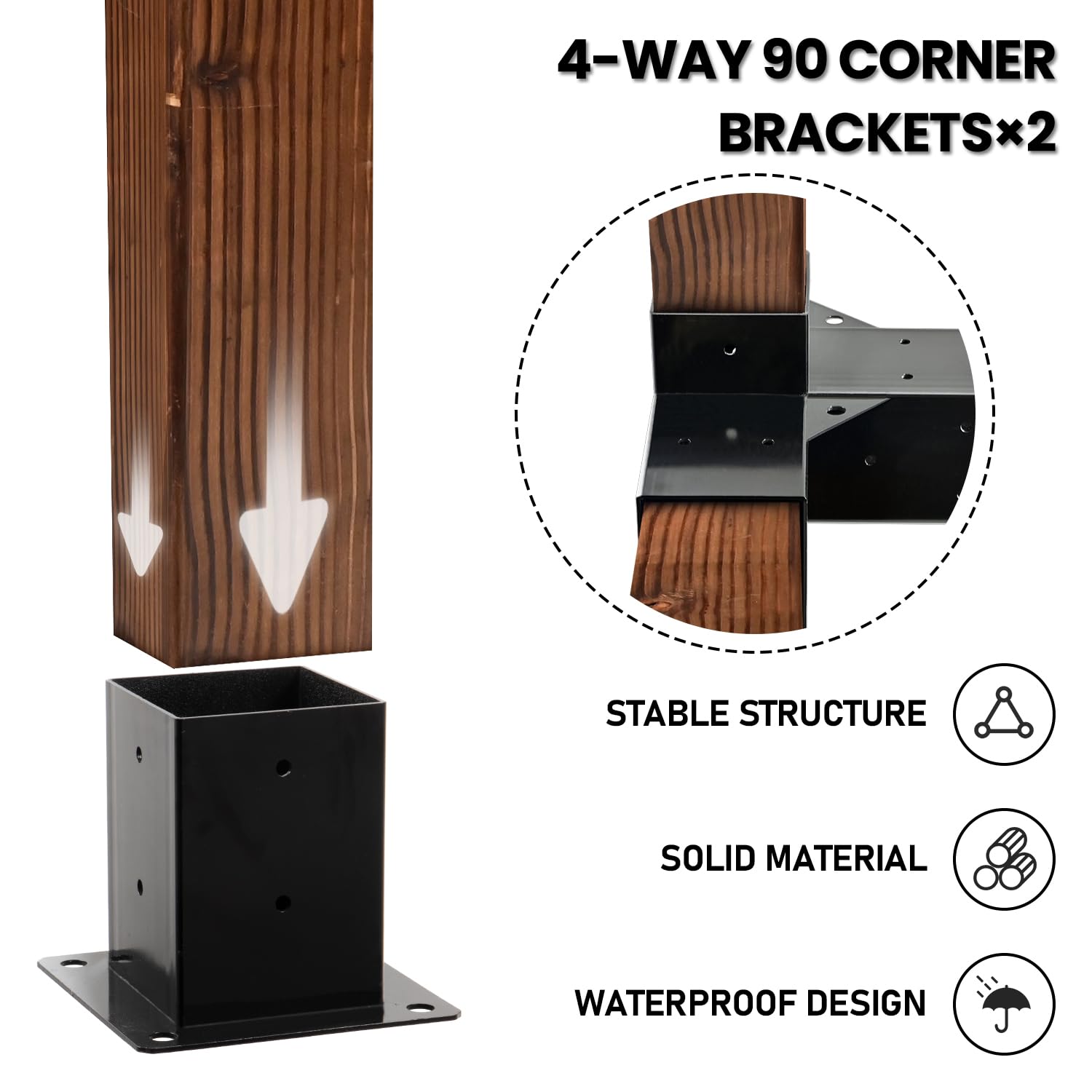 Anman 4-Way Right Angle Corner Wood Brackets(Alloy Steel) with Screws for 4x4 (Actual: 3.5x3.5), DIY Pergola Kit/Gazebo Kit/Patio/Sheds (4 Way pergola Brackets & Flange Anchor Bases (2 PCS))