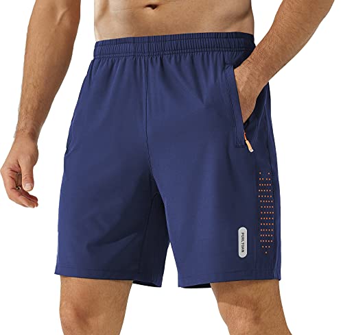 Purltoan Gym Shorts for Men Quick-Dry Workout Hiking Shorts 7 Inch Sports Running Sweat Shorts with Zipper Pockets Navy L