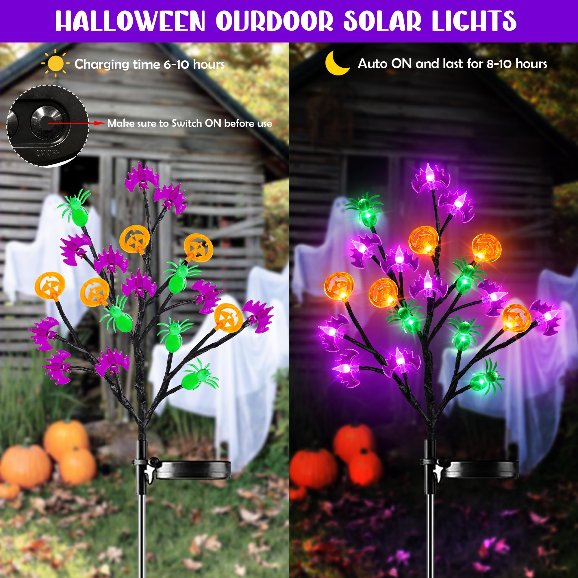 Halloween Decorations Outdoor Solar Lights, 2 Pack Halloween Lights Outdoor Solar Lights Waterproof with 20 LED Bats Spiders Pumpkin Lights, 2 Lighting Modes Solar Pathway Lights for Halloween Decor