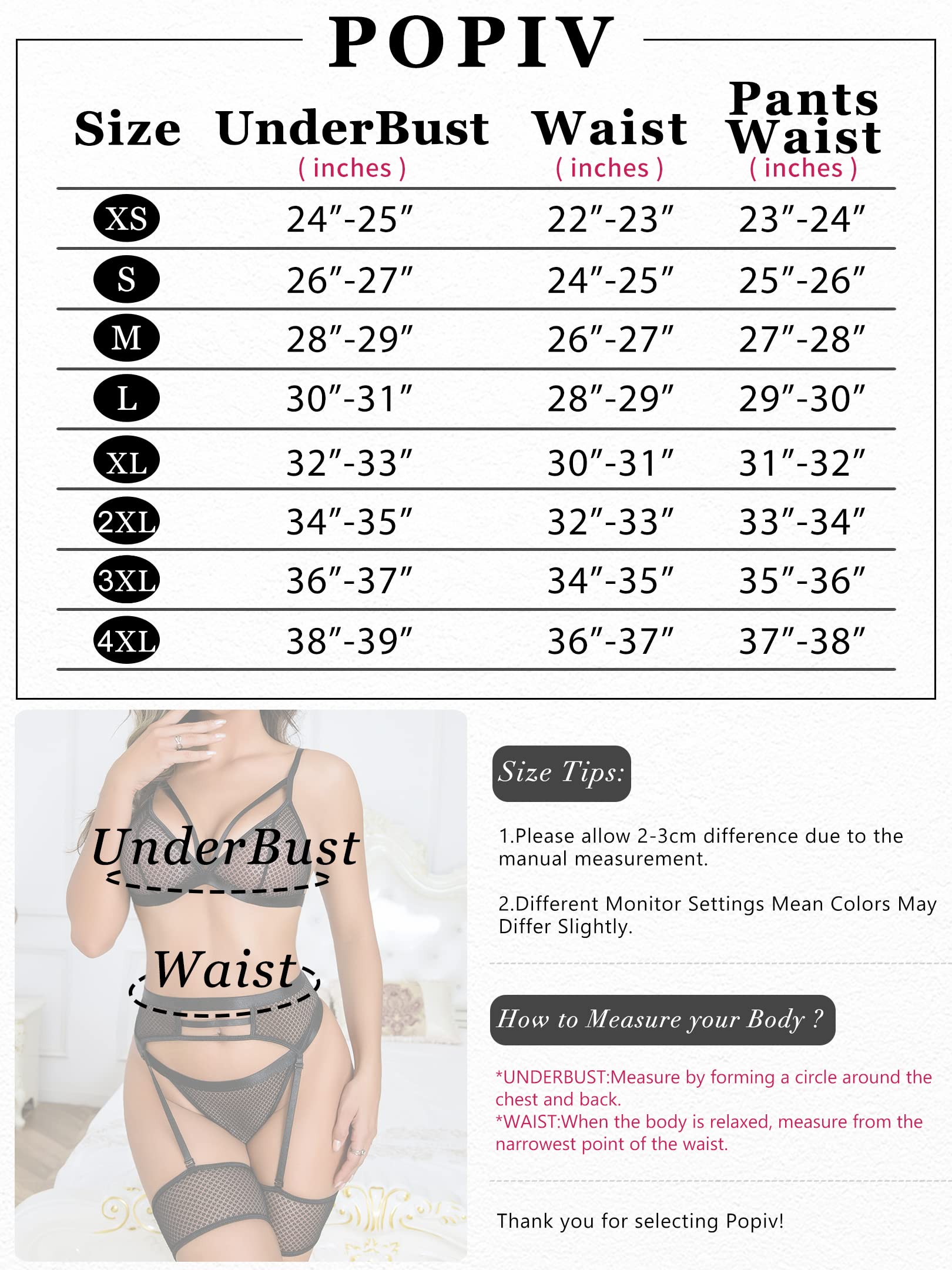 popiv Women's Sexy Lingerie Set with Garter Belt Matching Bra and Panty Lingeries Sets 4 Piece Black
