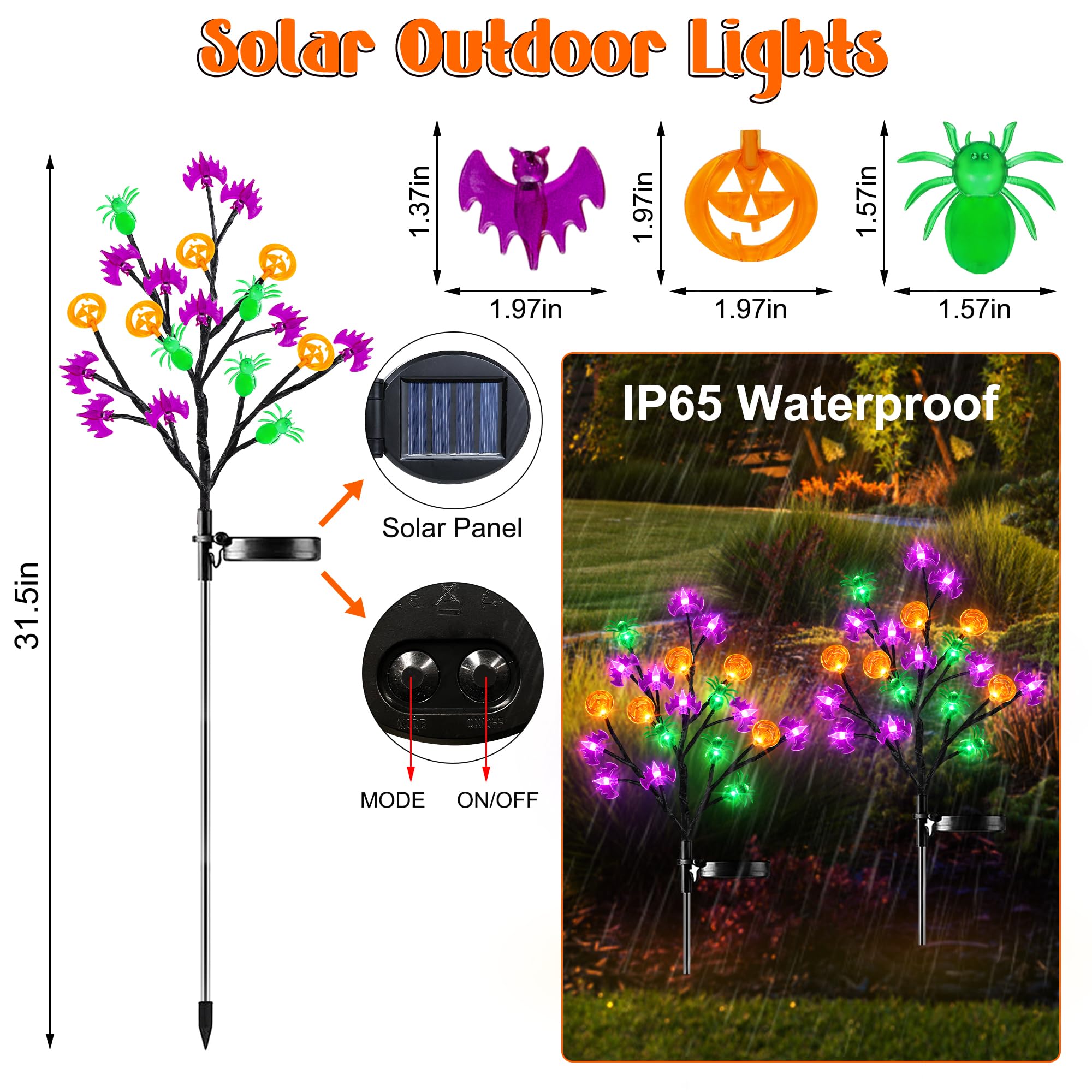Halloween Decorations Outdoor Solar Lights, 2 Pack Halloween Lights Outdoor Solar Lights Waterproof with 20 LED Bats Spiders Pumpkin Lights, 2 Lighting Modes Solar Pathway Lights for Halloween Decor