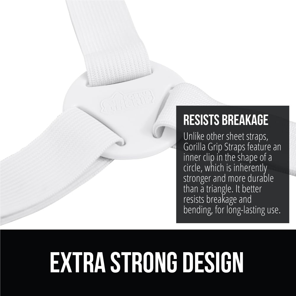 GORILLA GRIP Patent Pending Bed Sheet Straps, Adjustable Elastic Fasteners with Metal Clips, Keep in Place Fitted Bedding Holder, Easy Install Suspenders Mattress, Firm Tight Accessories, 4 Pack White