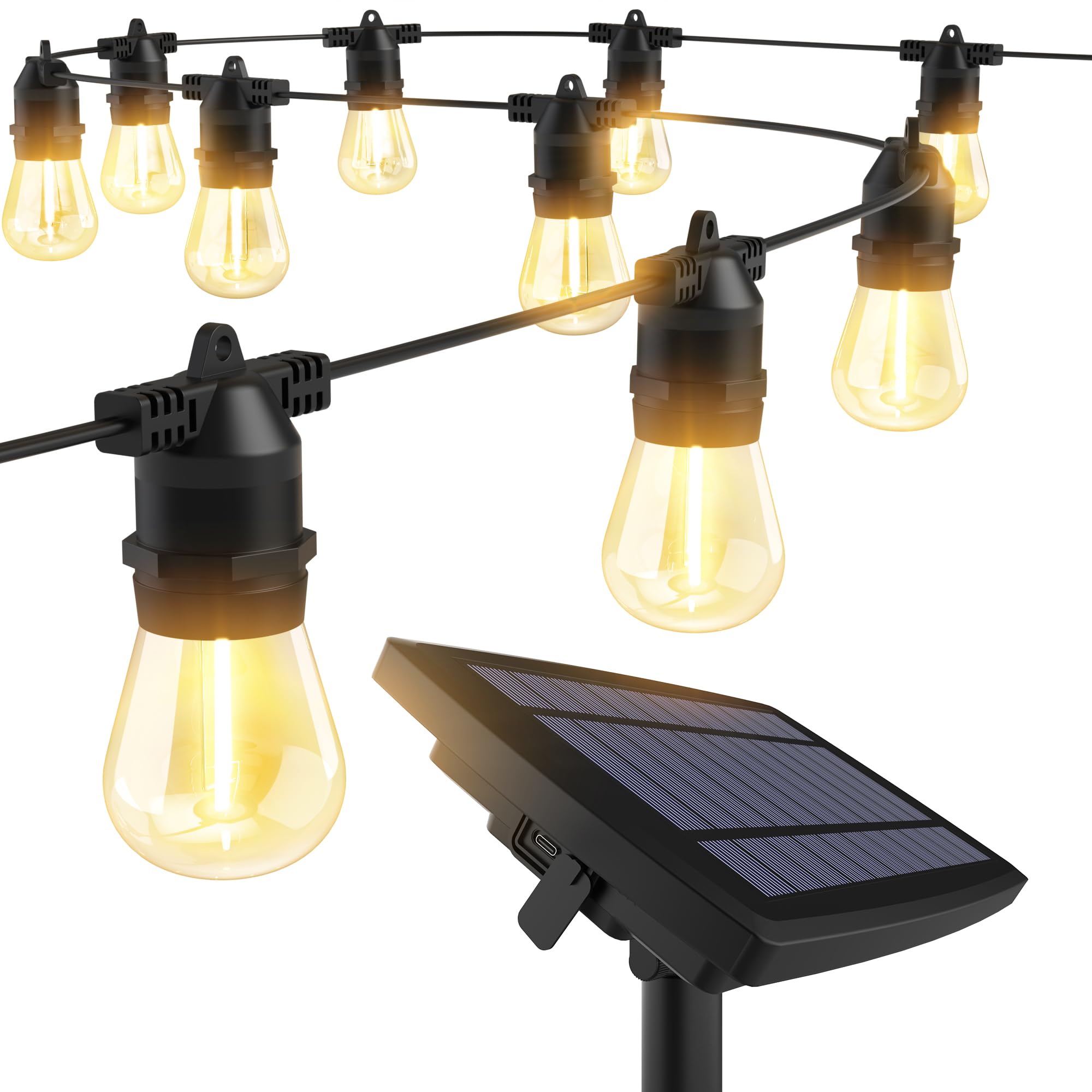 SUPERDANNY 50FT Solar Powered Outdoor String Lights, LED Solar String Lights for Outside, Commercial Grade Outdoor Waterproof Patio Lights with USB Port, 18 LED Lights for Garden Yard Halloween Décor
