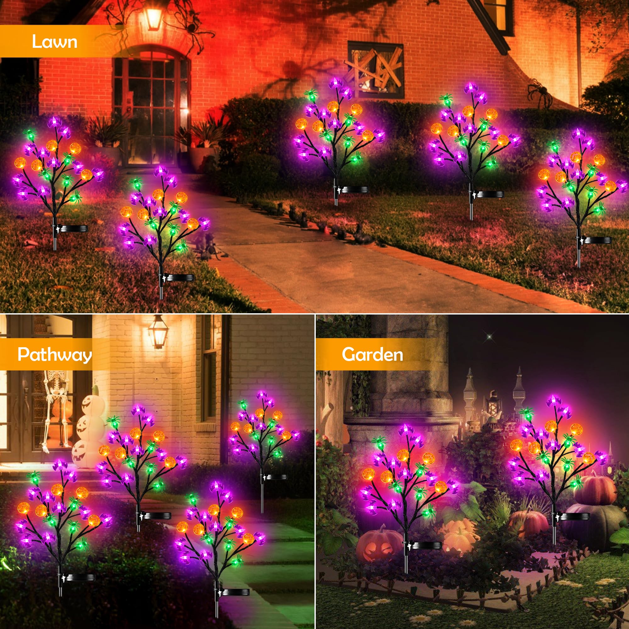 Halloween Decorations Outdoor Solar Lights, 2 Pack Halloween Lights Outdoor Solar Lights Waterproof with 20 LED Bats Spiders Pumpkin Lights, 2 Lighting Modes Solar Pathway Lights for Halloween Decor