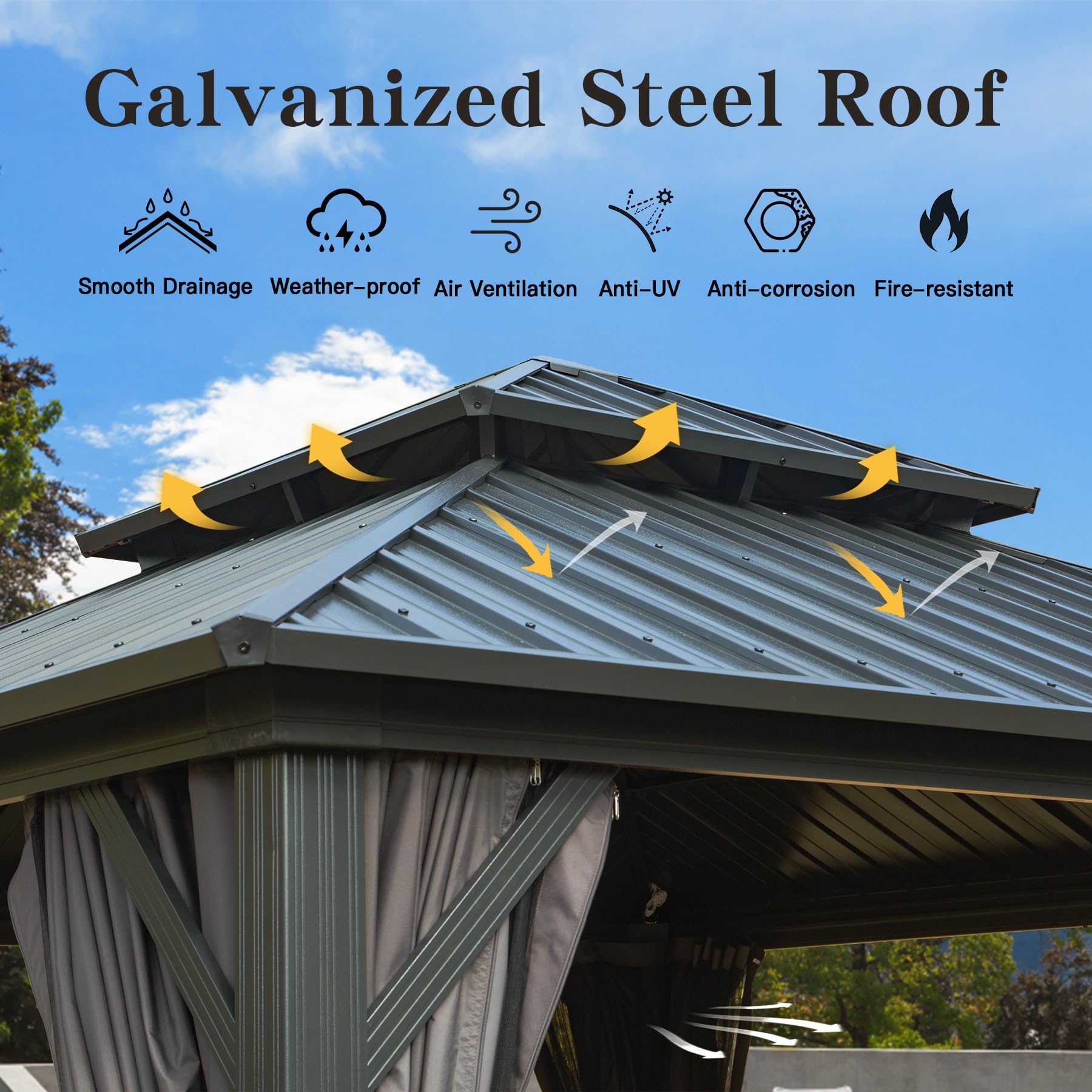 Domi Hardtop Gazebos 12x12FT, Aluminum Metal Gazebo with Galvanized Steel Double Roof Canopy, Curtain and Netting, Permanent Gazebo Pavilion for Patio, Backyard, Deck and Lawn, Grey