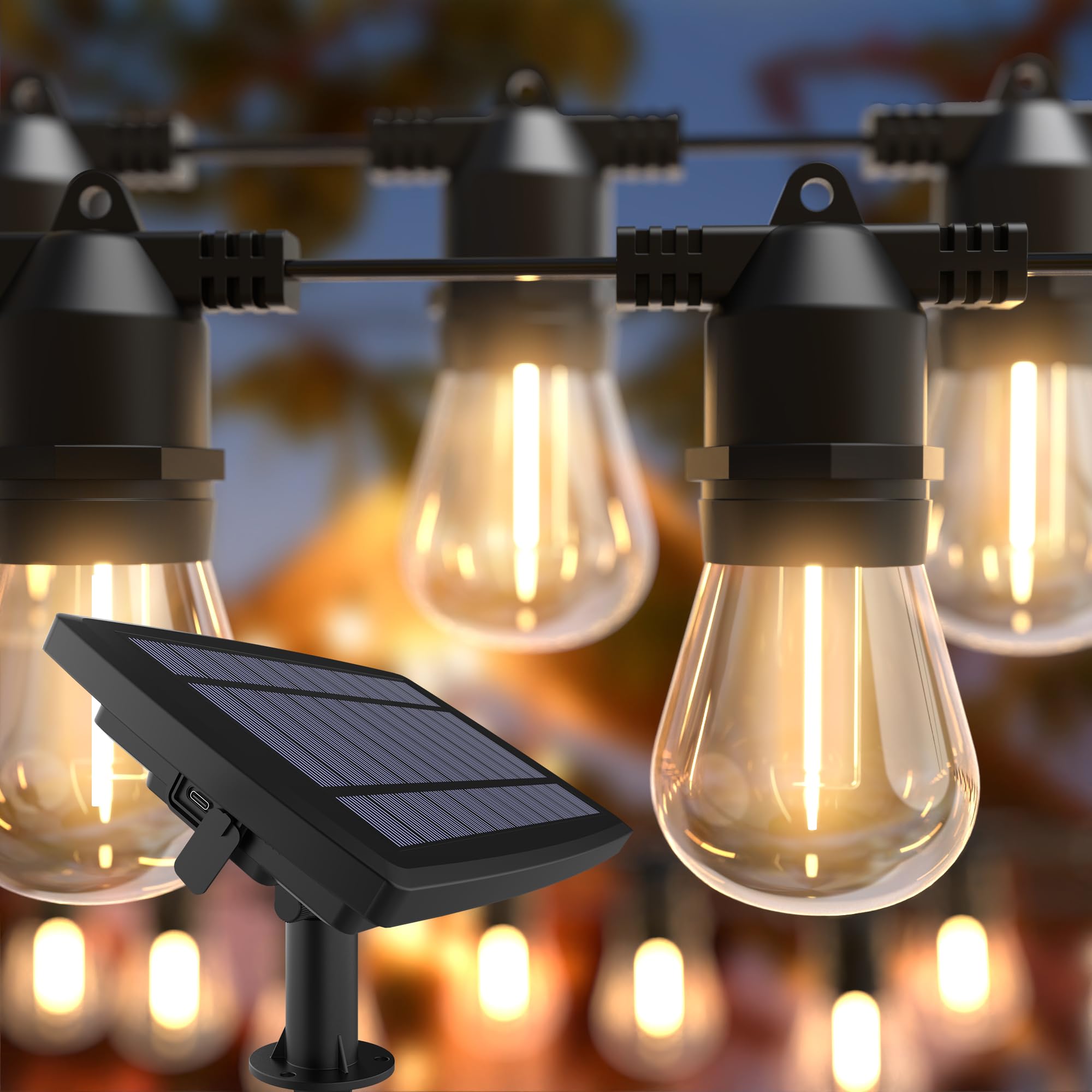 SUPERDANNY 50FT Solar Powered Outdoor String Lights, LED Solar String Lights for Outside, Commercial Grade Outdoor Waterproof Patio Lights with USB Port, 18 LED Lights for Garden Yard Halloween Décor