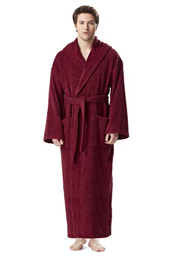 Arus Men's Long Hooded Classic Bathrobe Turkish Cotton Robe with Full Length Options, Extra Tall, Burgundy XX-Large