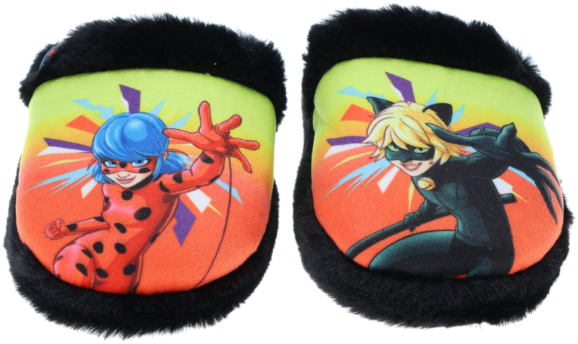 Miraculous Ladybug Girls' Slipper Scuff, Mismatch Ladybug and Cat Noir, Black/Red, Big Kid Size 3/4