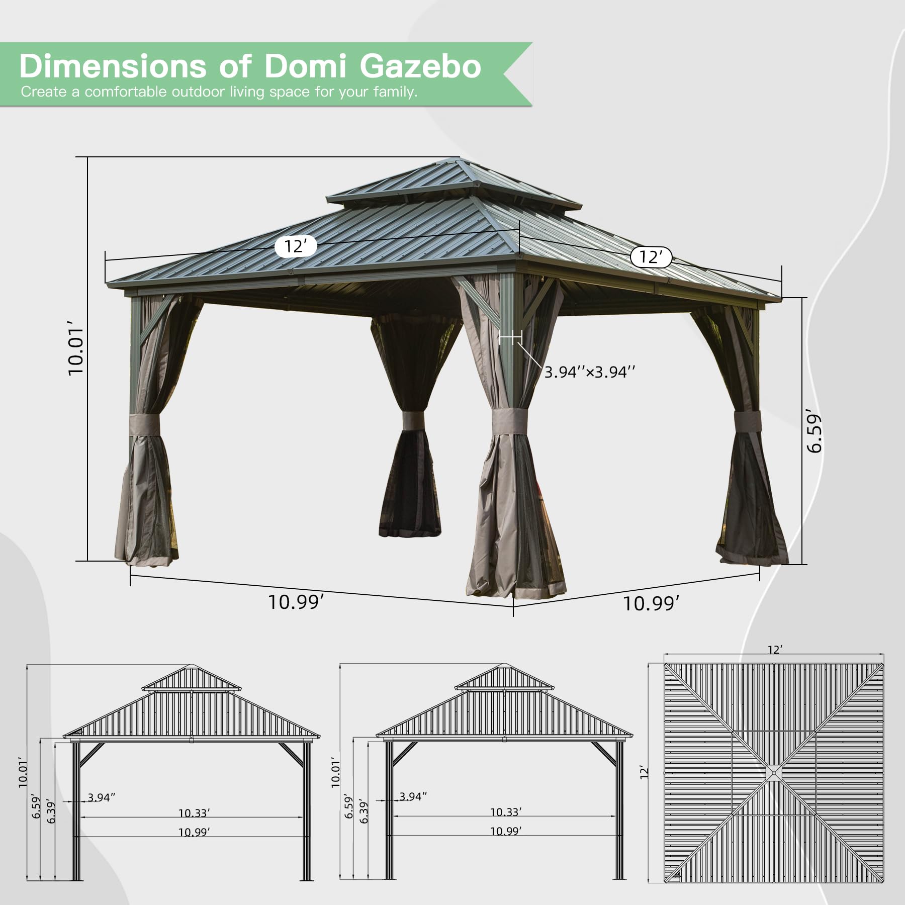 Domi Hardtop Gazebos 12x12FT, Aluminum Metal Gazebo with Galvanized Steel Double Roof Canopy, Curtain and Netting, Permanent Gazebo Pavilion for Patio, Backyard, Deck and Lawn, Grey