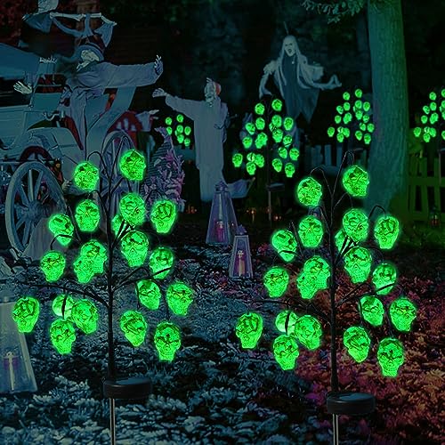 Upgraded 2 Pack Solar Halloween Decorations Lights, Halloween Outdoor Solar Stake Sign Lights with Scary Skull Shape Green LED Lights for Halloween Outdoor Pathway Cemetery Garden Yard Porch Decor