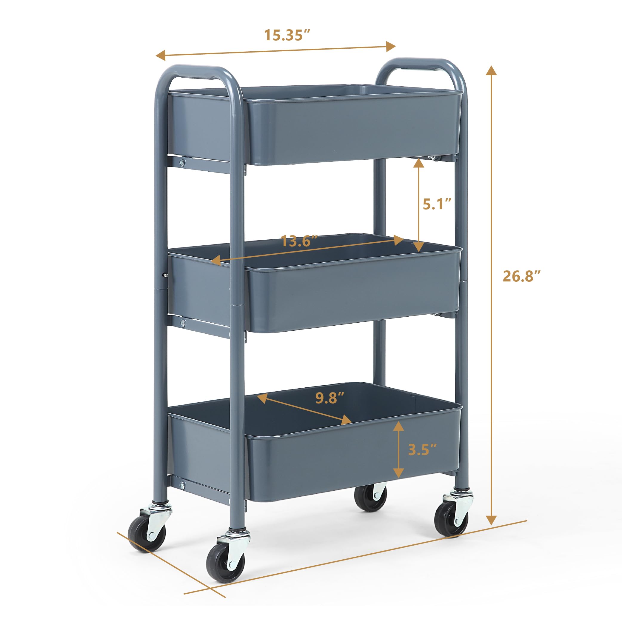 SunnyPoint 3-Tier Delicate Compact Rolling Metal Storage Organizer - Mobile Utility Cart Kitchen/Under Desk Cart with Caster Wheels (Blue, Compact (15.5" X 26.8" X 10.27"))