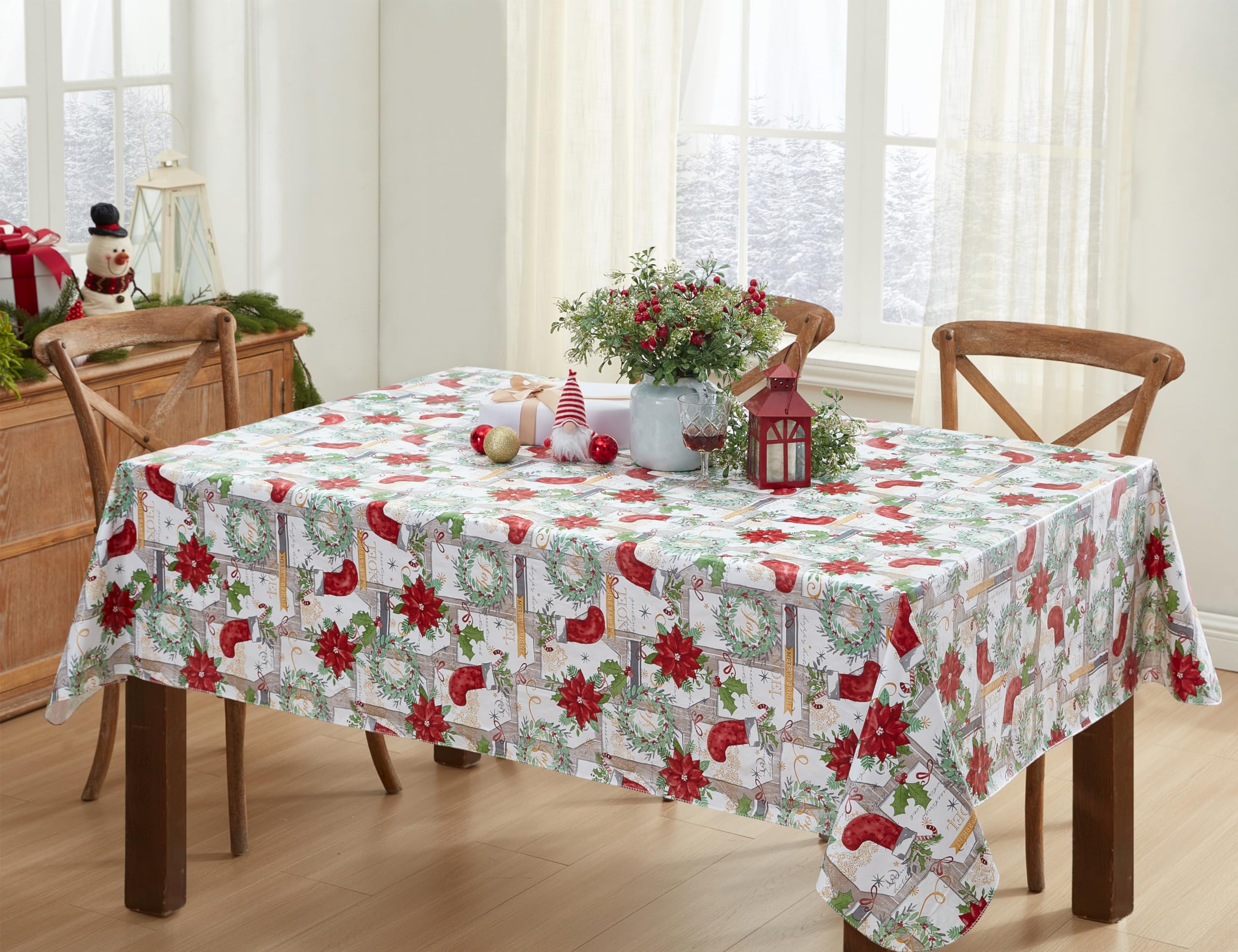 Newbridge Merry Christmas Stocking Holiday Vinyl Flannel Backed Tablecloth - Noel Christmas Wreath, Festive Seasons Greetings Print Wipe Clean Easy Care Xmas Tablecloth, 60” x 102” Oblong/Rectangle