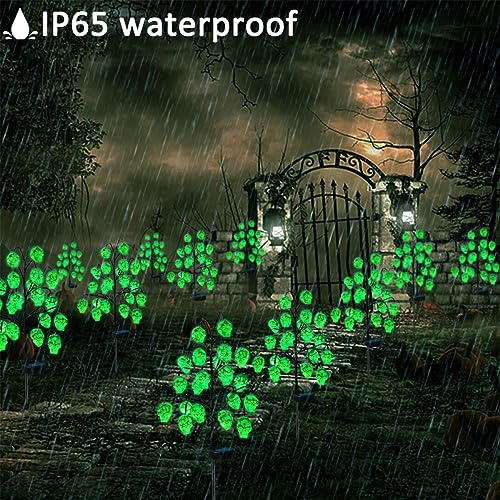 Upgraded 2 Pack Solar Halloween Decorations Lights, Halloween Outdoor Solar Stake Sign Lights with Scary Skull Shape Green LED Lights for Halloween Outdoor Pathway Cemetery Garden Yard Porch Decor