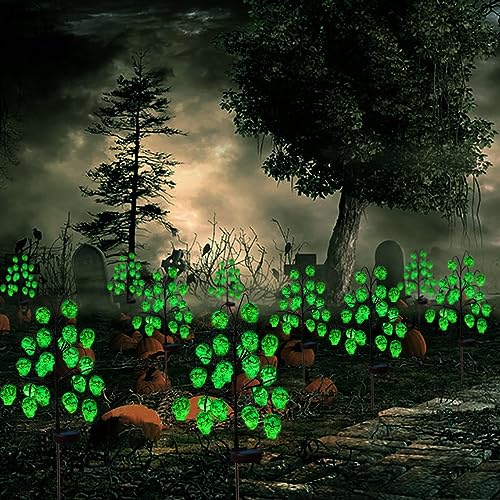 Upgraded 2 Pack Solar Halloween Decorations Lights, Halloween Outdoor Solar Stake Sign Lights with Scary Skull Shape Green LED Lights for Halloween Outdoor Pathway Cemetery Garden Yard Porch Decor
