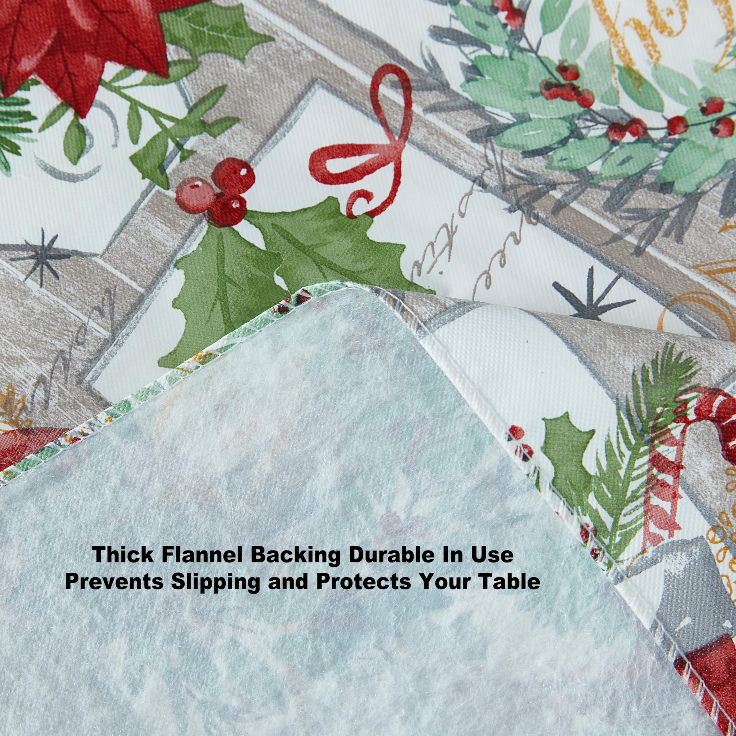 Newbridge Merry Christmas Stocking Holiday Vinyl Flannel Backed Tablecloth - Noel Christmas Wreath, Festive Seasons Greetings Print Wipe Clean Easy Care Xmas Tablecloth, 60” x 102” Oblong/Rectangle