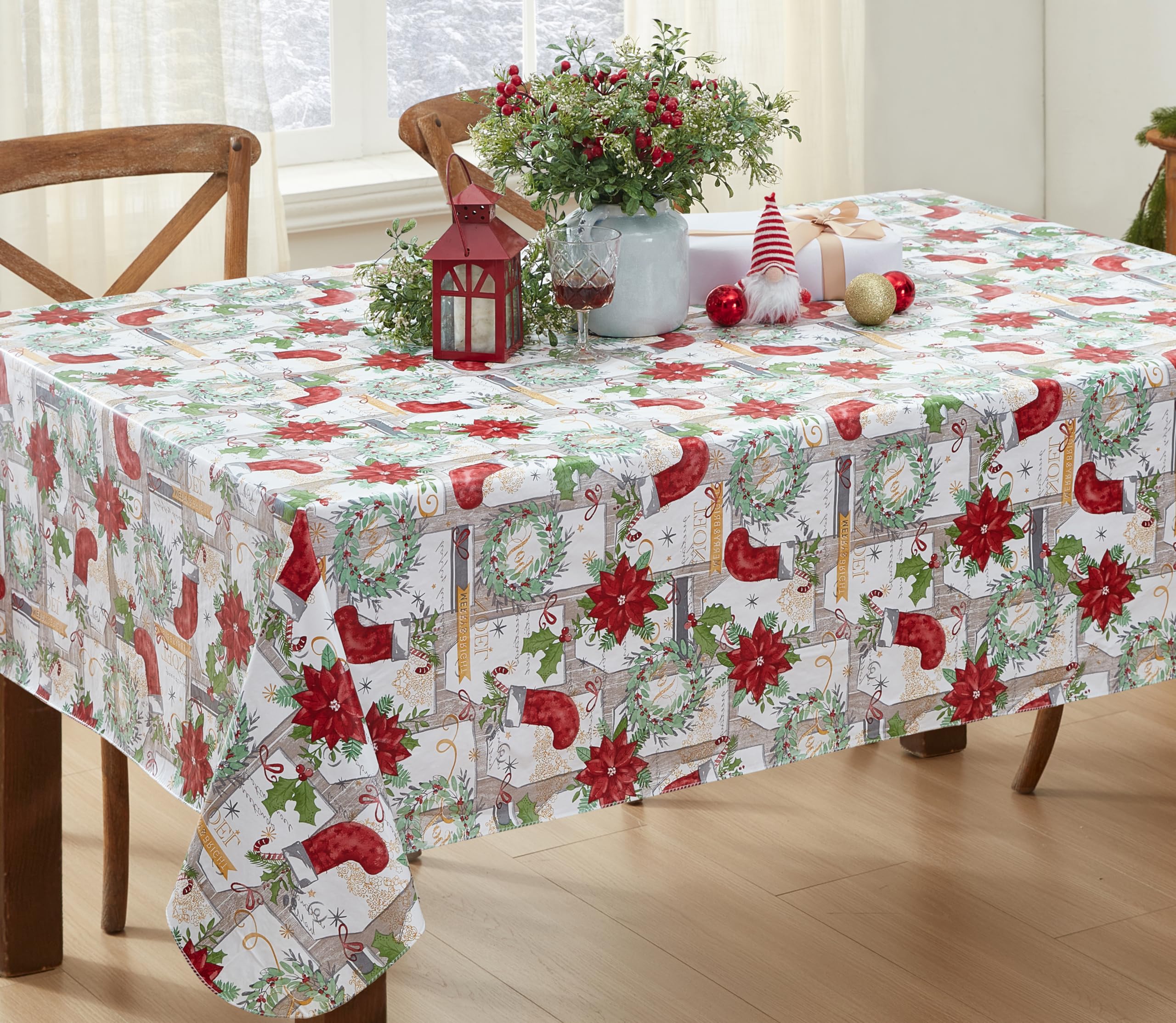 Newbridge Merry Christmas Stocking Holiday Vinyl Flannel Backed Tablecloth - Noel Christmas Wreath, Festive Seasons Greetings Print Wipe Clean Easy Care Xmas Tablecloth, 60” x 102” Oblong/Rectangle