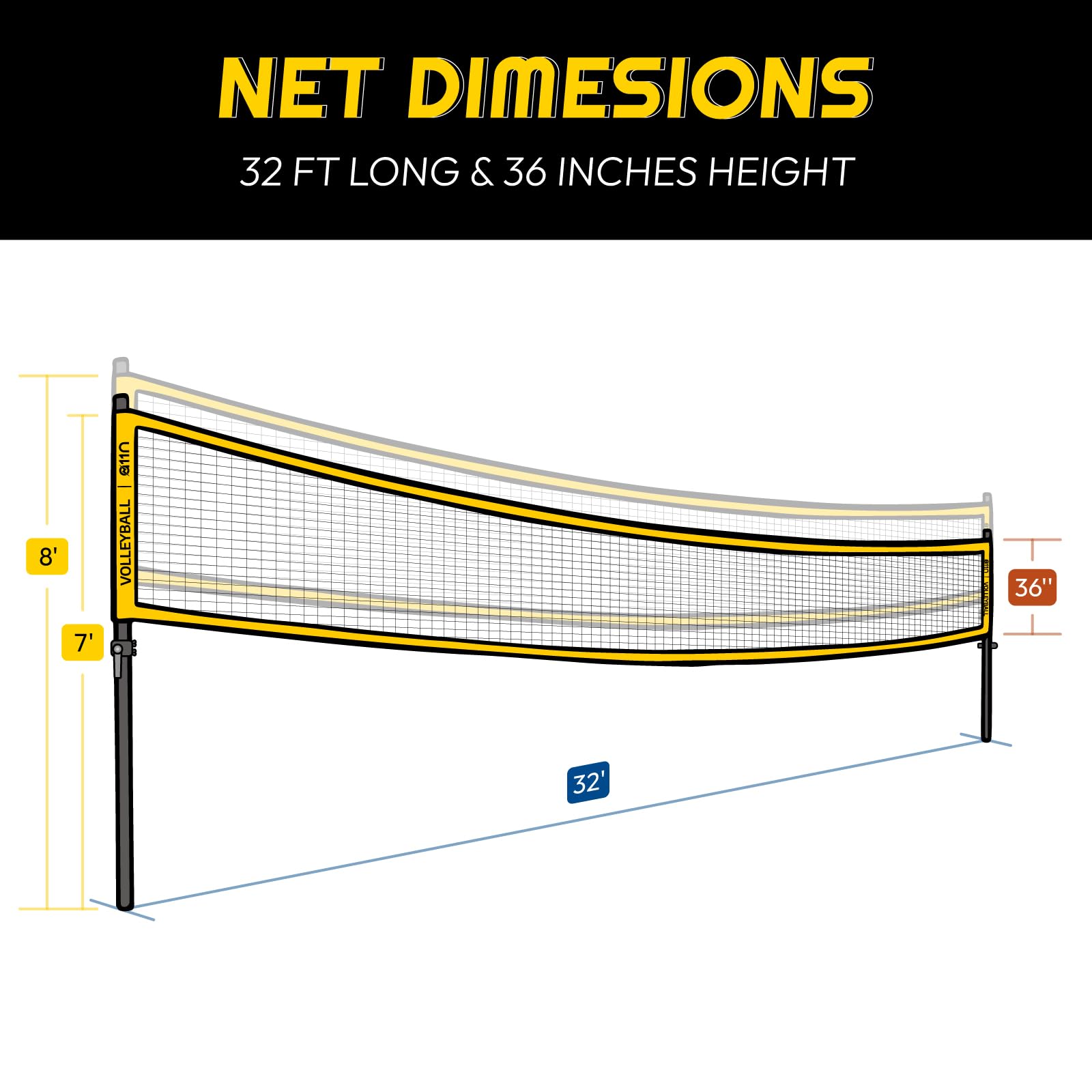 A11N Heavy-Duty 32ft Outdoor Volleyball Net with Anti-Sag System - Portable Set Includes Volleyball, Net, Air Pump, Boundary Markers and Bag - Perfect for Backyard, Beach, and Park