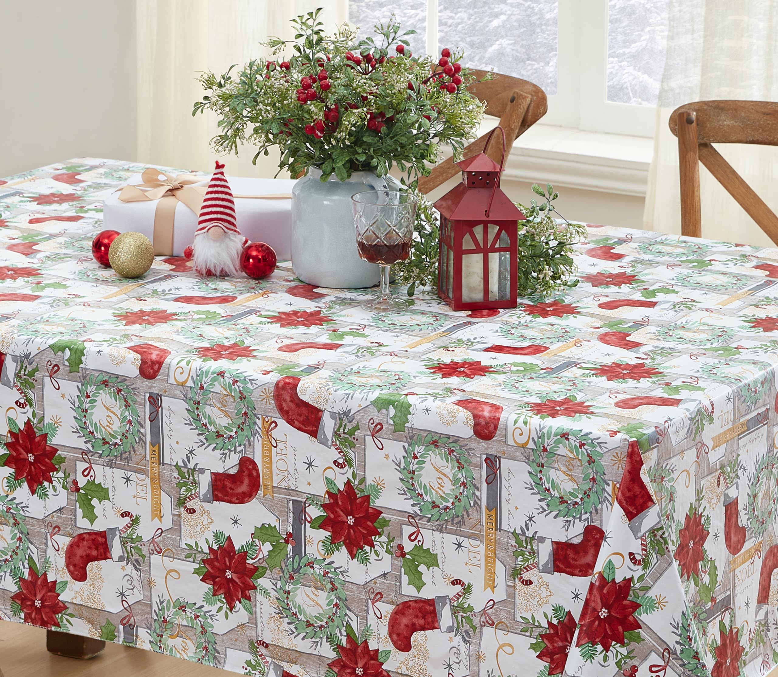 Newbridge Merry Christmas Stocking Holiday Vinyl Flannel Backed Tablecloth - Noel Christmas Wreath, Festive Seasons Greetings Print Wipe Clean Easy Care Xmas Tablecloth, 60” x 102” Oblong/Rectangle
