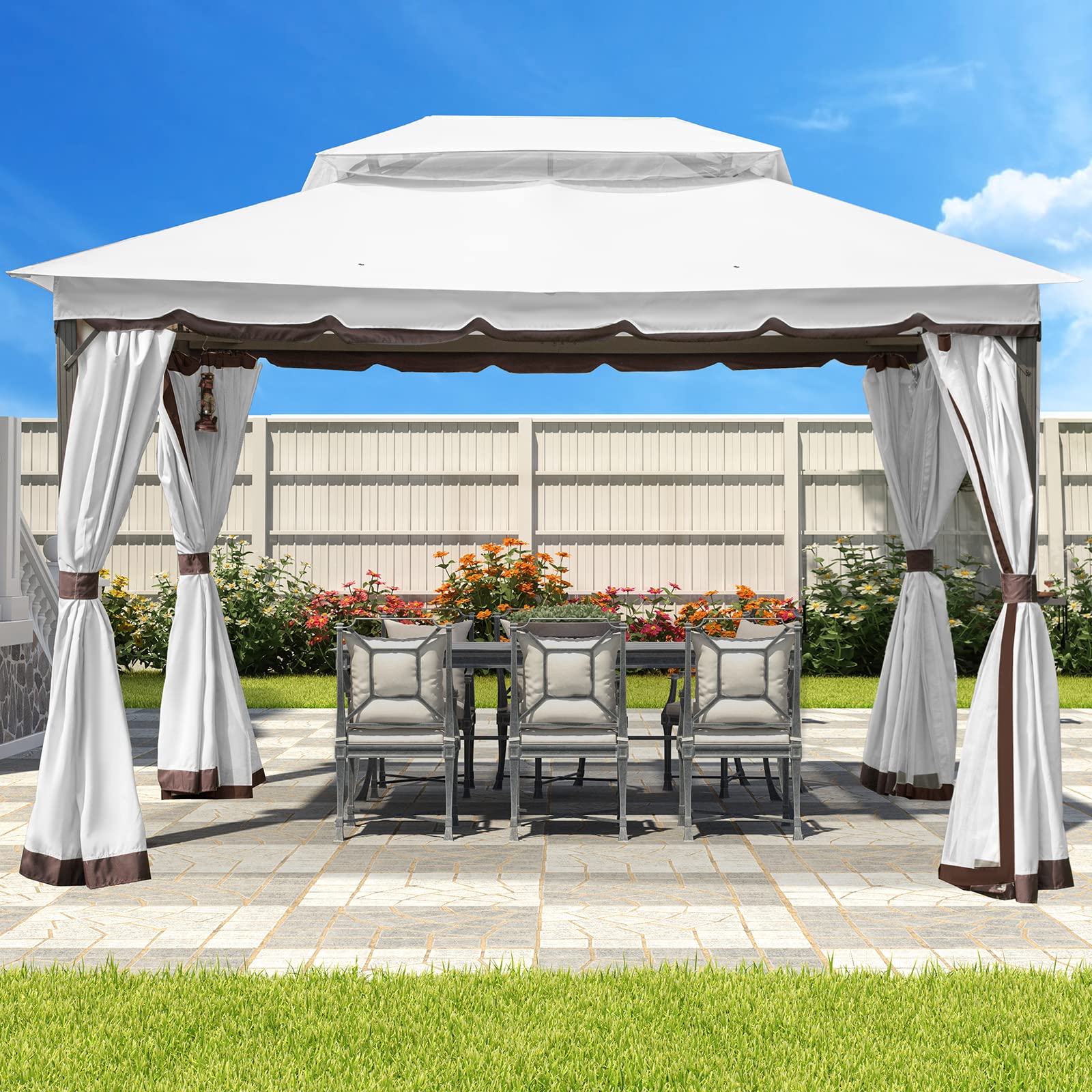 MEWAY Patio Gazebo 10x13 Gazebo with Mosquito Netting Aluminum Outdoor Gazebo Canopy with Curtains for Backyard Lawn Garden Deck, White Brown