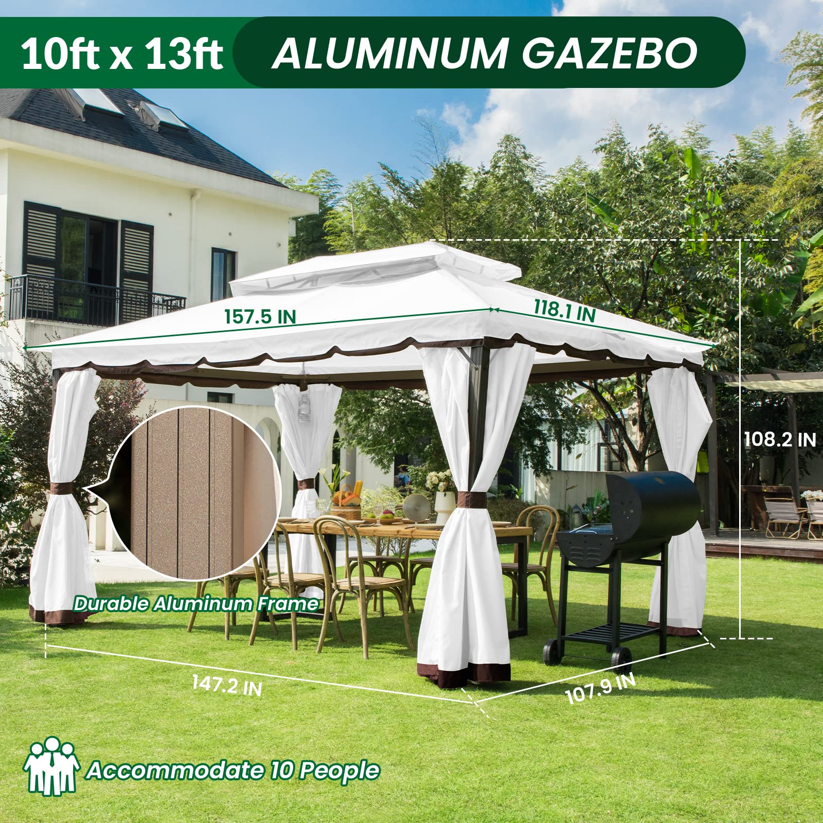 MEWAY Patio Gazebo 10x13 Gazebo with Mosquito Netting Aluminum Outdoor Gazebo Canopy with Curtains for Backyard Lawn Garden Deck, White Brown