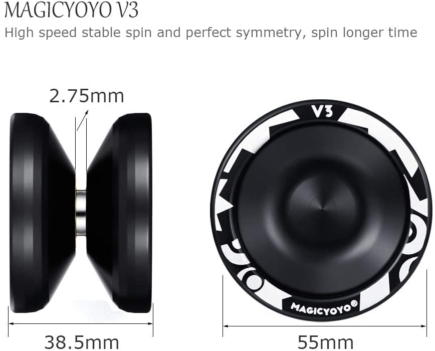 Pro Yoyo V3 - Aluminum Yoyo, Responsive & Unresponsive, Ideal for Kids + Strings + Bag + Bearing + Tool (Black)