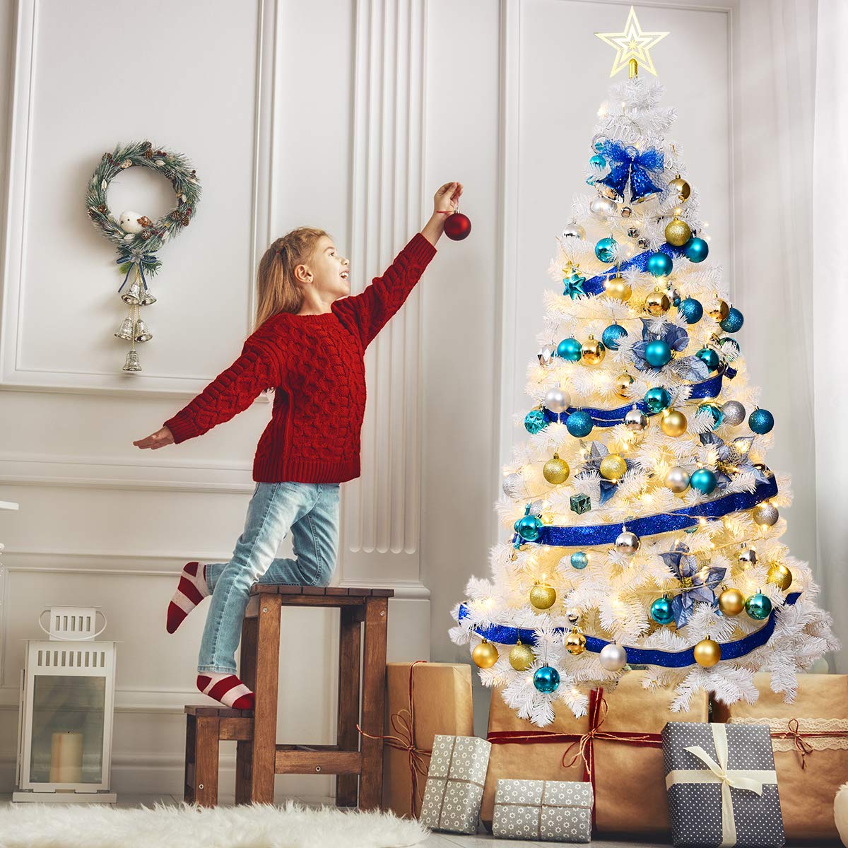 Goplus 6ft Artificial Christmas Tree Xmas Pine Tree with Solid Metal Legs Perfect for Indoor and Outdoor Holiday Decoration, White