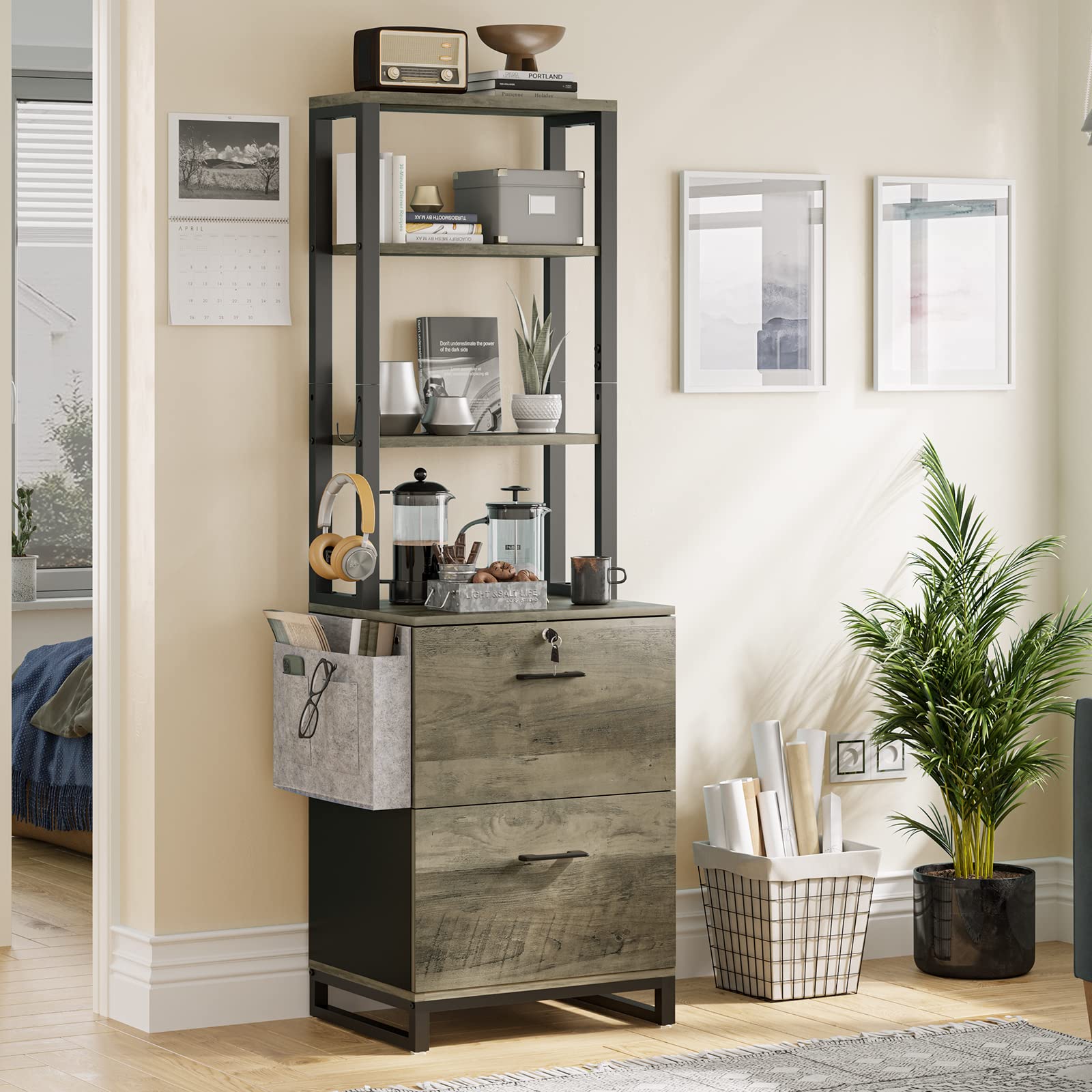 Itaar 2 Drawer File Cabinet with Lock, Fits Letter, Legal, A4 Size, Hanging File Folders, Home Office with Adjustable Storage Shelf and Hook, Oak Grey