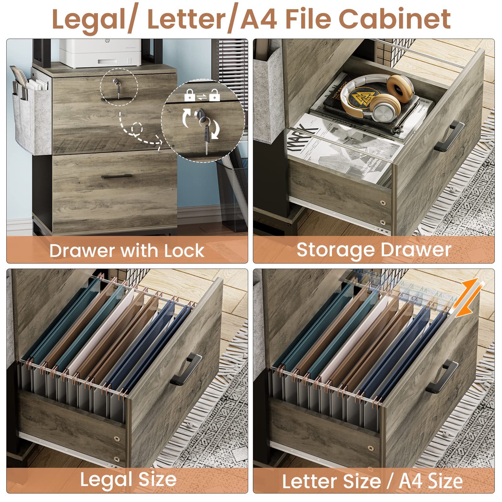 Itaar 2 Drawer File Cabinet with Lock, Fits Letter, Legal, A4 Size, Hanging File Folders, Home Office with Adjustable Storage Shelf and Hook, Oak Grey