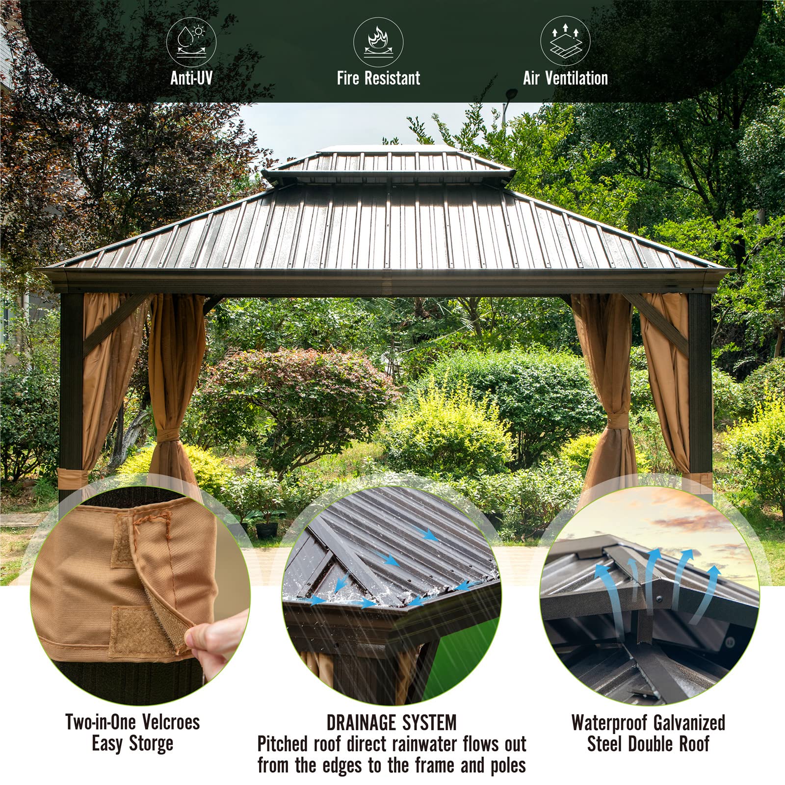 MFSTUDIO 10' x 12' Hardtop Gazebo with Curtains and Netting,Outdoor Polycarbonate Double Roof Canopy, Aluminum Frame Permanent Pavilion for Patios,Gardens,Lawns (Brown)
