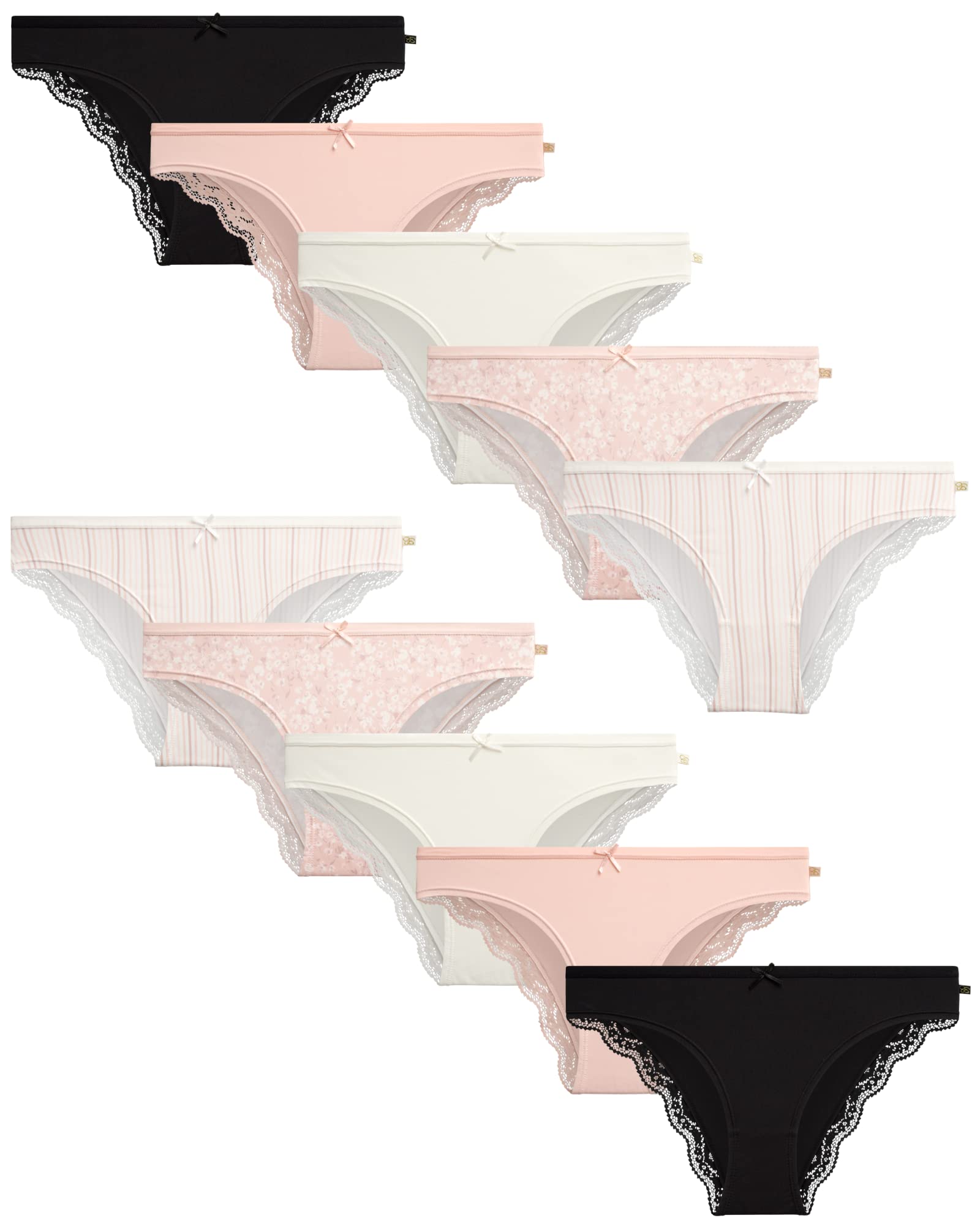 Jessica Simpson Women's Underwear - 10 Pack Seamless Bikini Briefs (S-XL), Size Medium, Floral Print/Gardenia/Stripes/Rose Smoke/Black