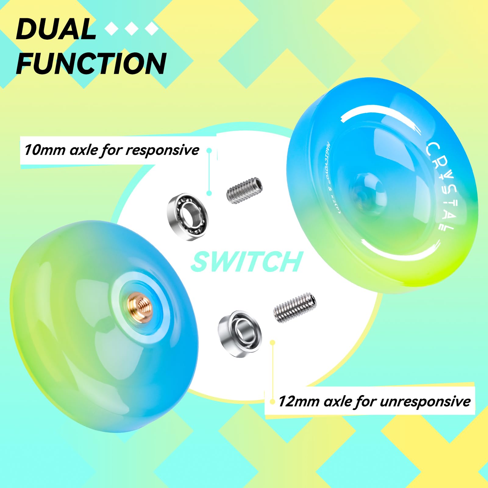 Yoyo K2 Crystal - Professional Responsive Yoyo for Kids Beginners, Dual Purpose Yo-Yo for Advanced + Extra Unresponsive Yo Yo Bearing + 12 Yoyo Strings+Storage Bag + Removal Tool ( SkyBlue Yellow)
